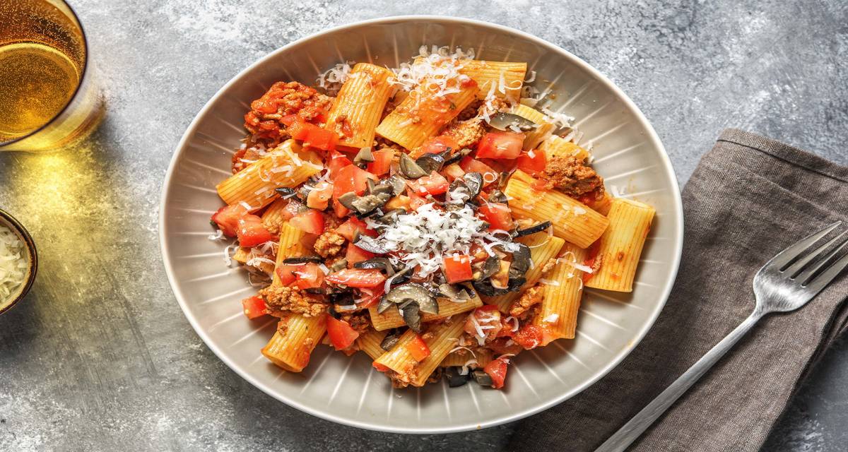 Beef Rigatoni with Olive & Tomato Salsa Recipe | HelloFresh