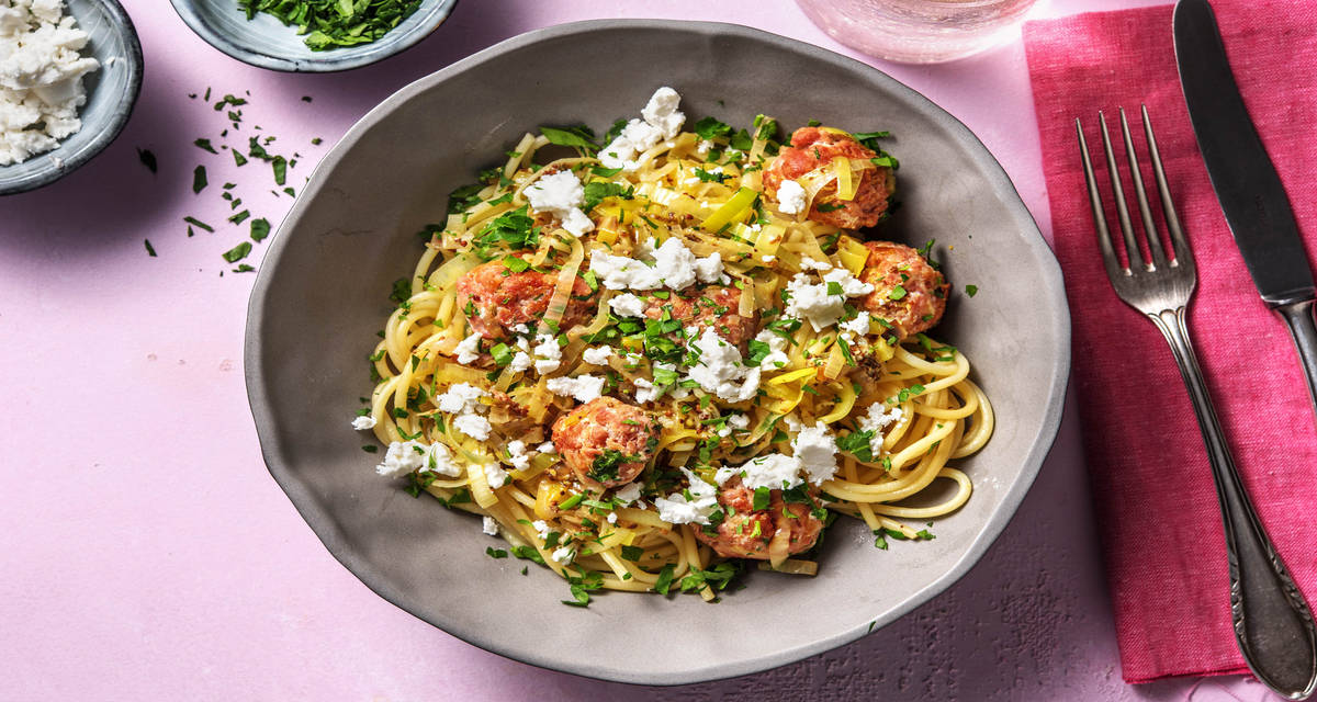 Pork and Feta Spaghetti with Leeks Recipe | HelloFresh