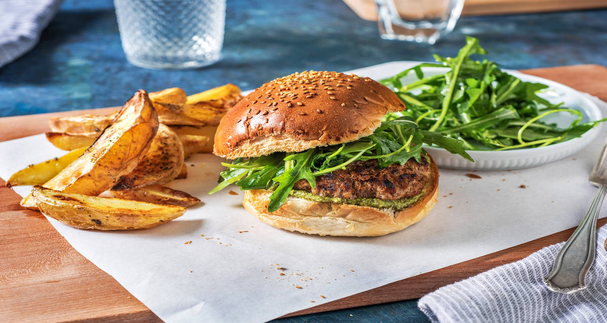 Burgers with Wedges and Rocket Recipe | HelloFresh