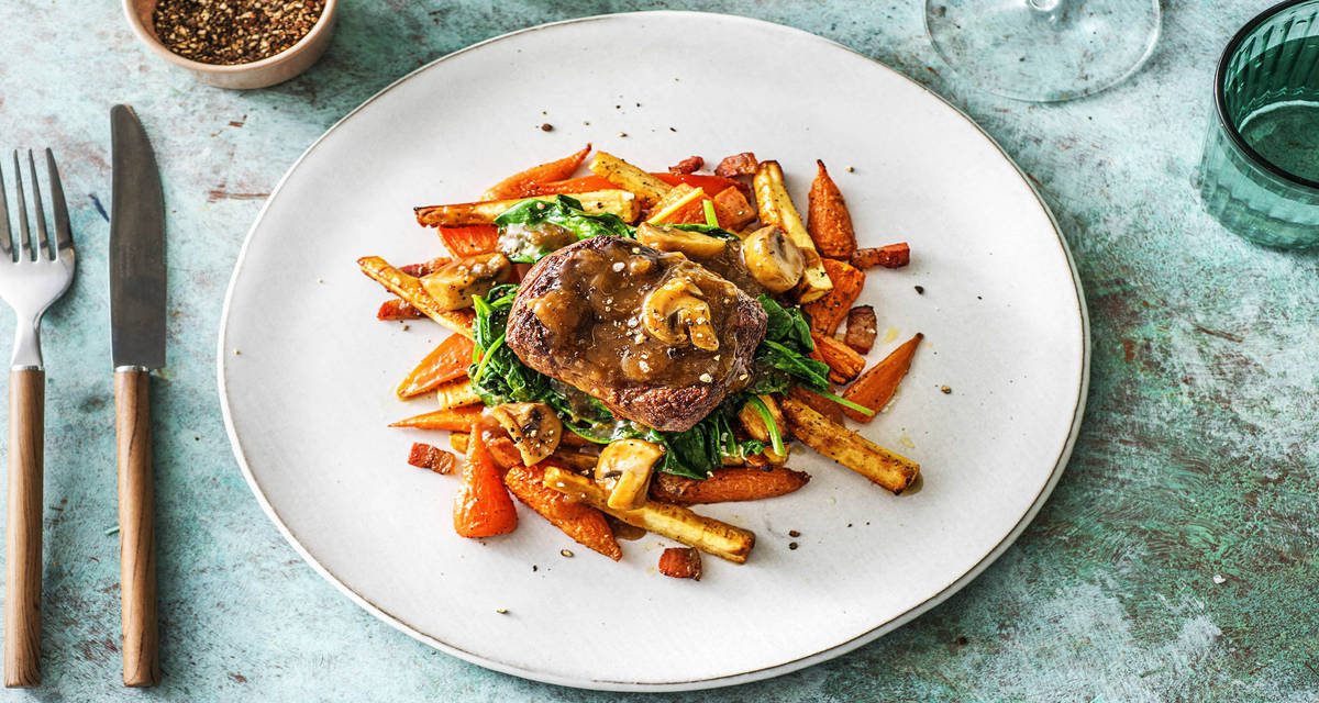Steak with Roasted Roots & Spinach Recipe | HelloFresh