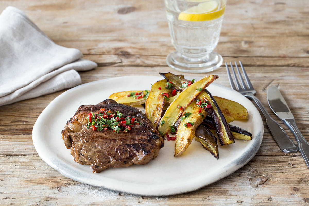 Scotch Fillet with Coriander Relish & Mixed Wedges Recipe | HelloFresh