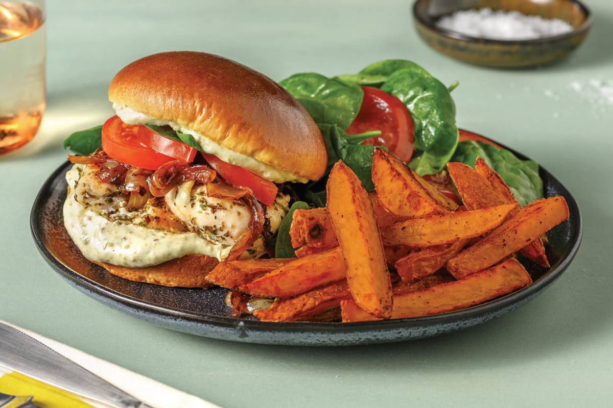 Herby Chicken Burger & Sweet Potato Fries Recipe | HelloFresh