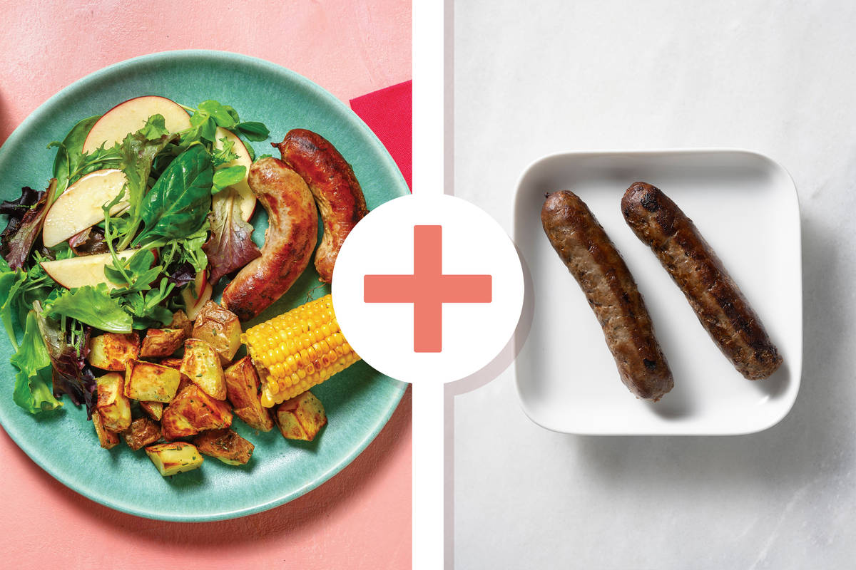 Double Beef Sausages & Garlicky Corn Cobs Recipe | HelloFresh