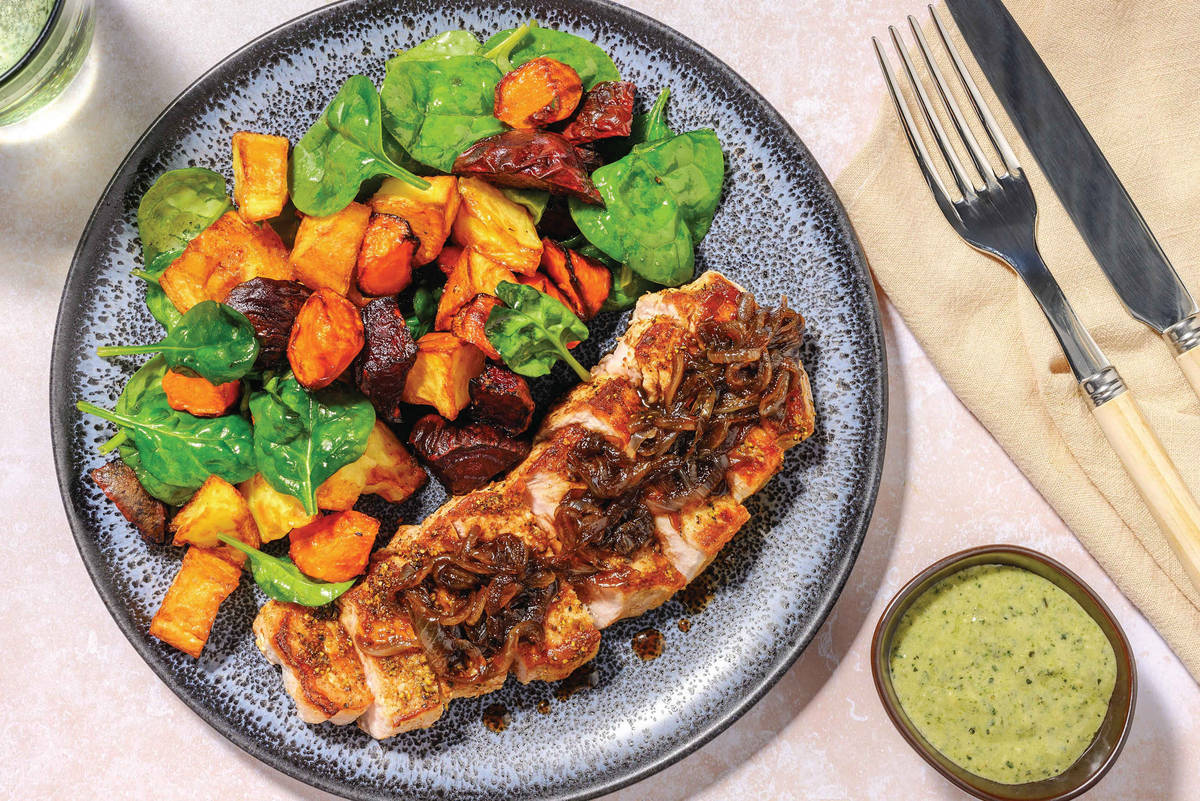 Aussie Pork & Caramelised Onions Recipe | HelloFresh