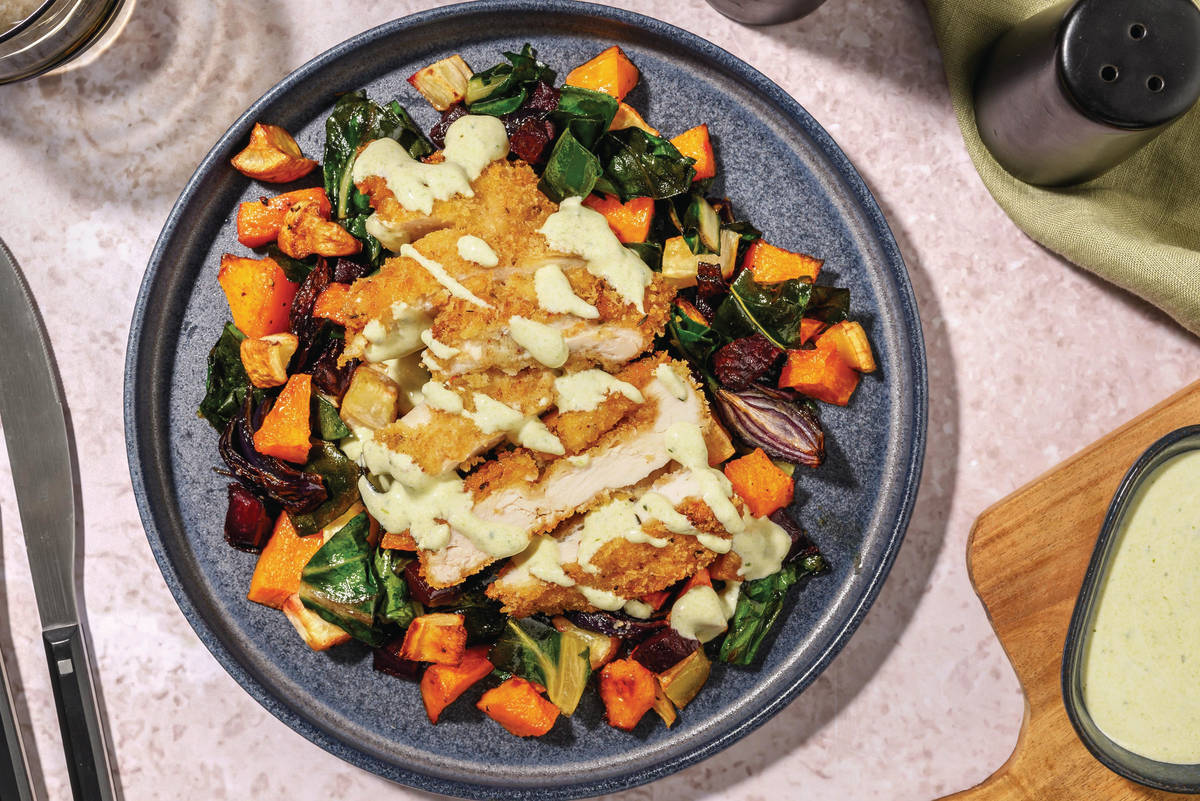 Crumbed Pork & Rainbow Root Veggies Recipe | HelloFresh