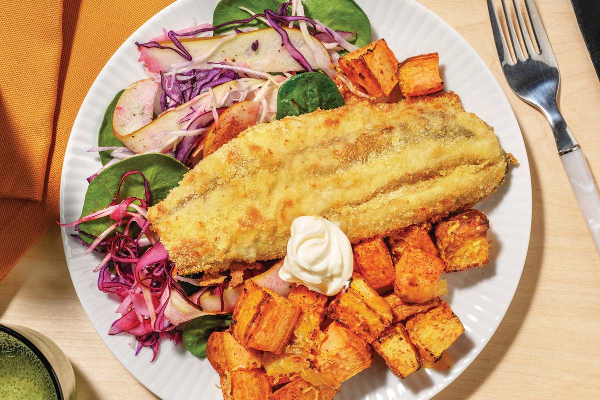 Crumbed Basa & Cheesy Sweet Potato Bites Recipe | HelloFresh