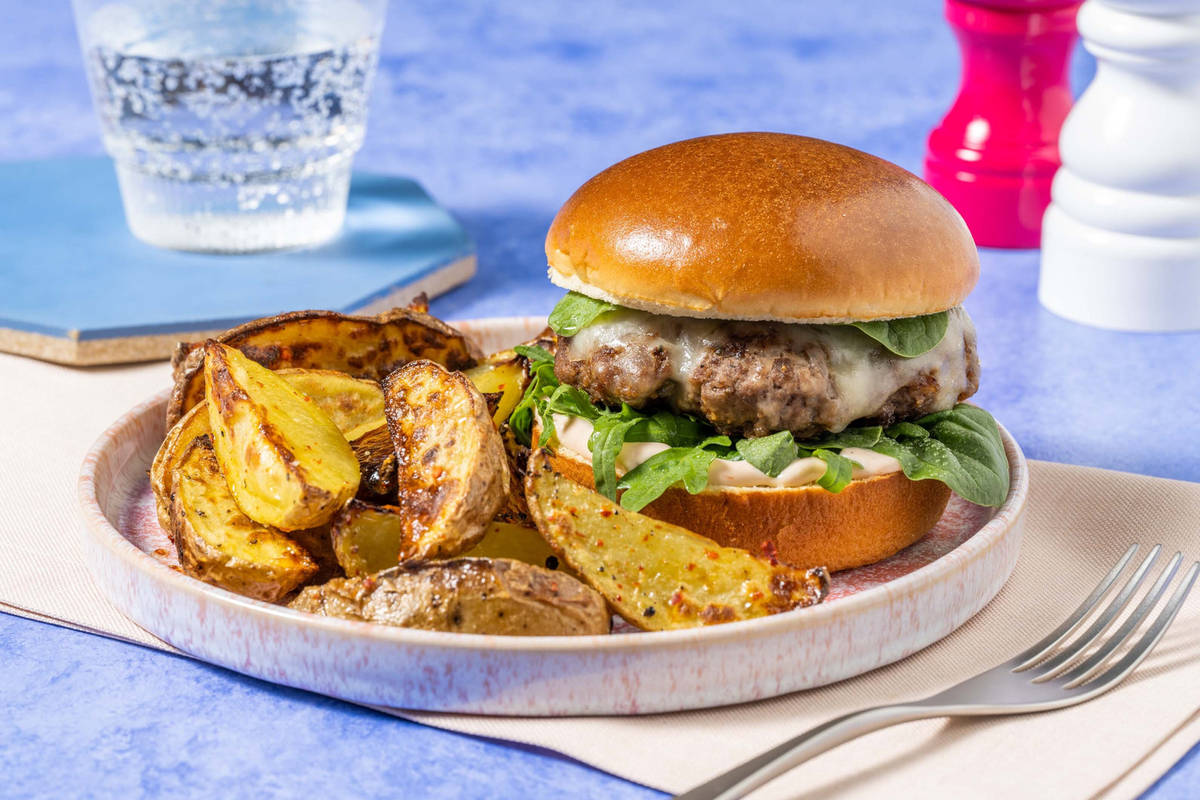Classic Chicken burger and Hot Honey Bacon Wedges Recipe | HelloFresh