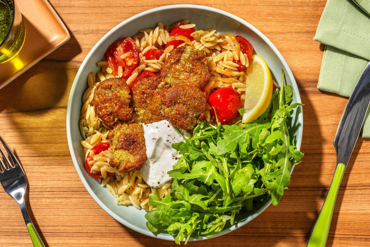 Smashed Falafels and Buttery Pesto Orzo Recipe | HelloFresh