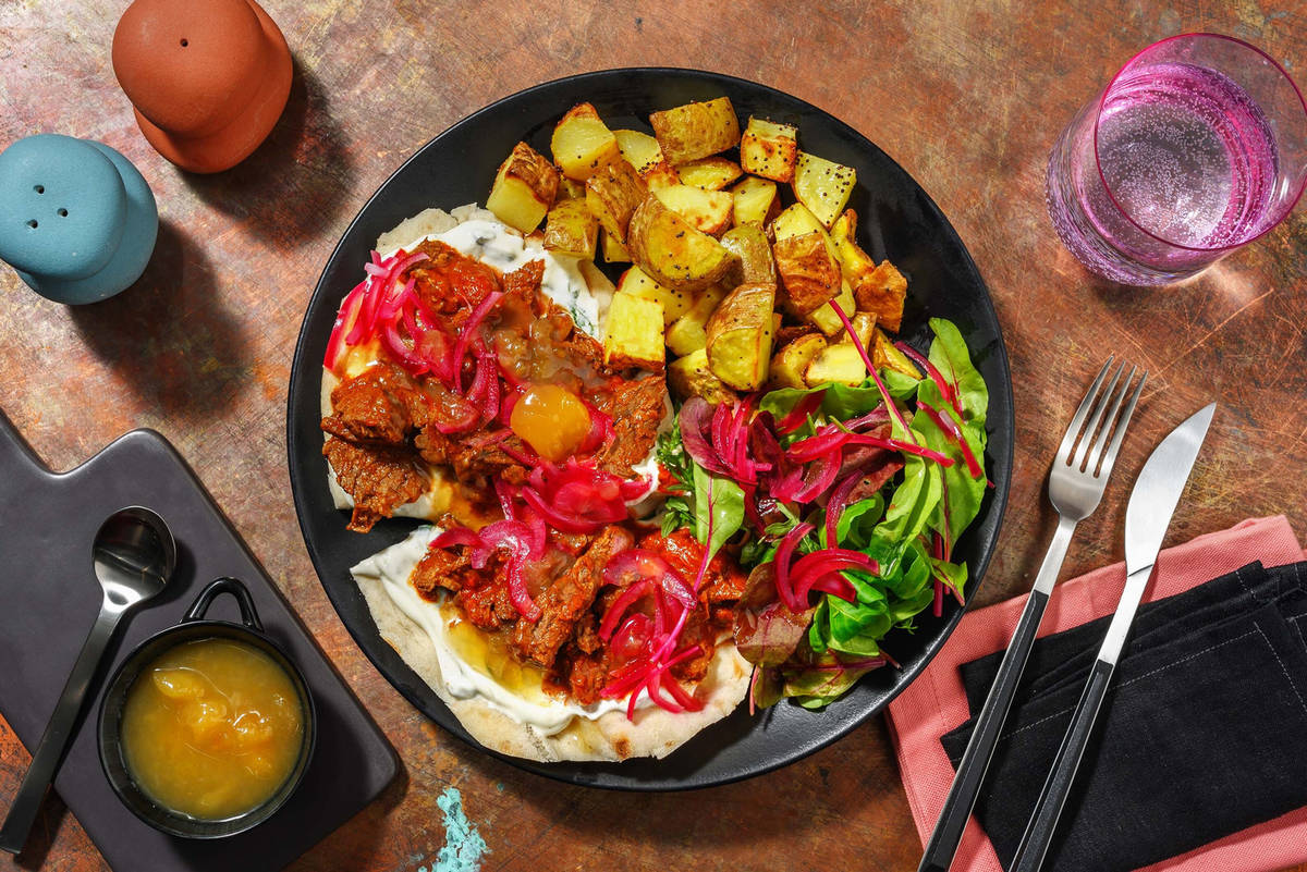 Rogan Josh Pulled Beef Loaded Naans Recipe | HelloFresh