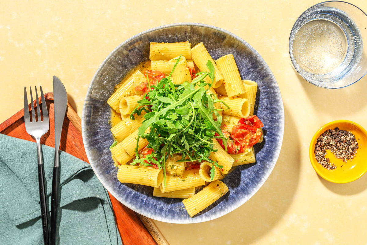 Baked Cheese, Chicken and Baby Plum Tomato Pesto Pasta Recipe | HelloFresh