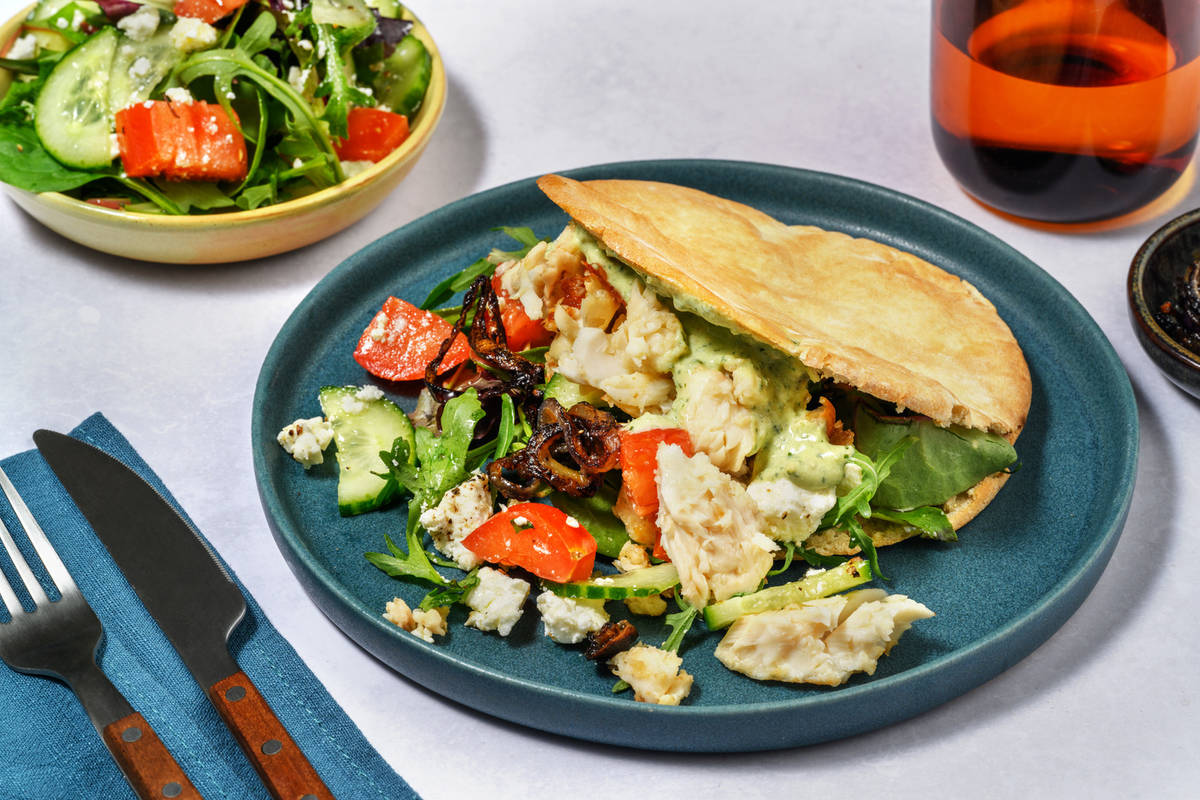 Shortcut Crumbed Fish & Fetta Salad Pita Recipe | HelloFresh