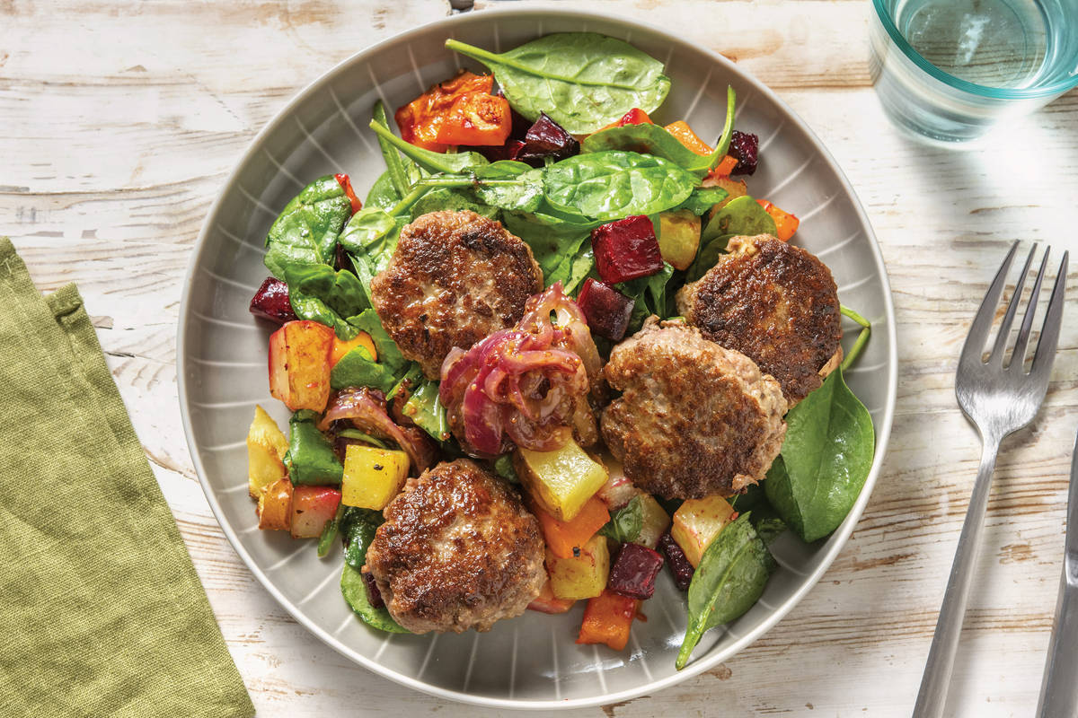 Cheesy Beef Rissoles & Roast Veggie Toss Recipe | HelloFresh