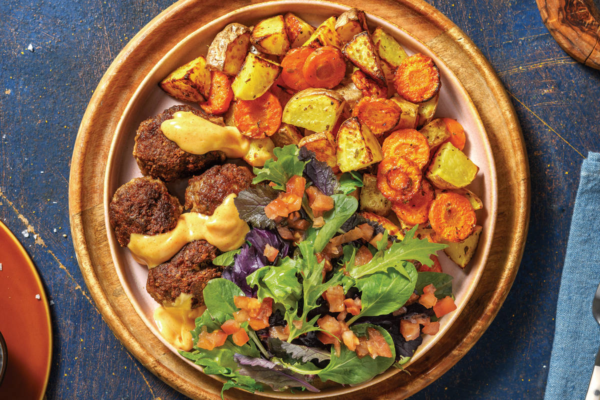 Cheesy Beef Rissoles & Roasted Veggie Chunks Recipe | HelloFresh