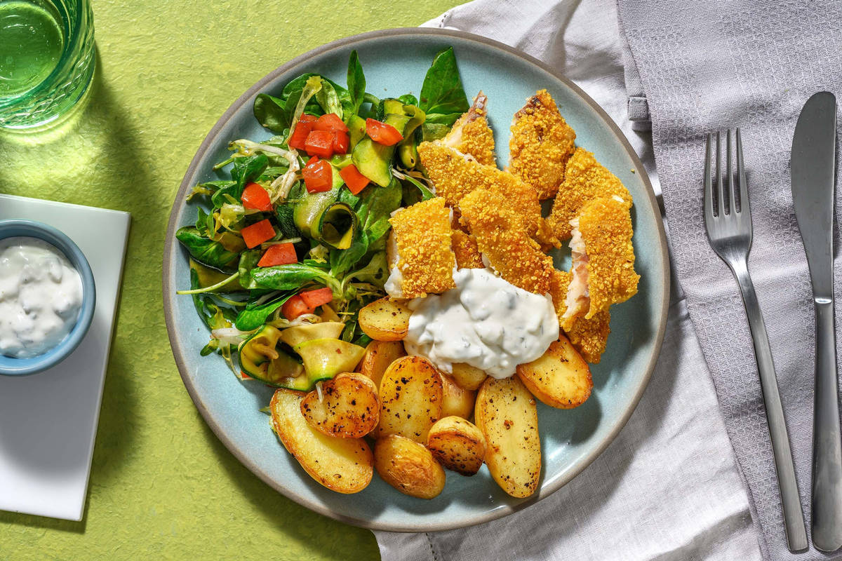 Gepaneerde heekfilet met gebakken krieltjes Recept | HelloFresh
