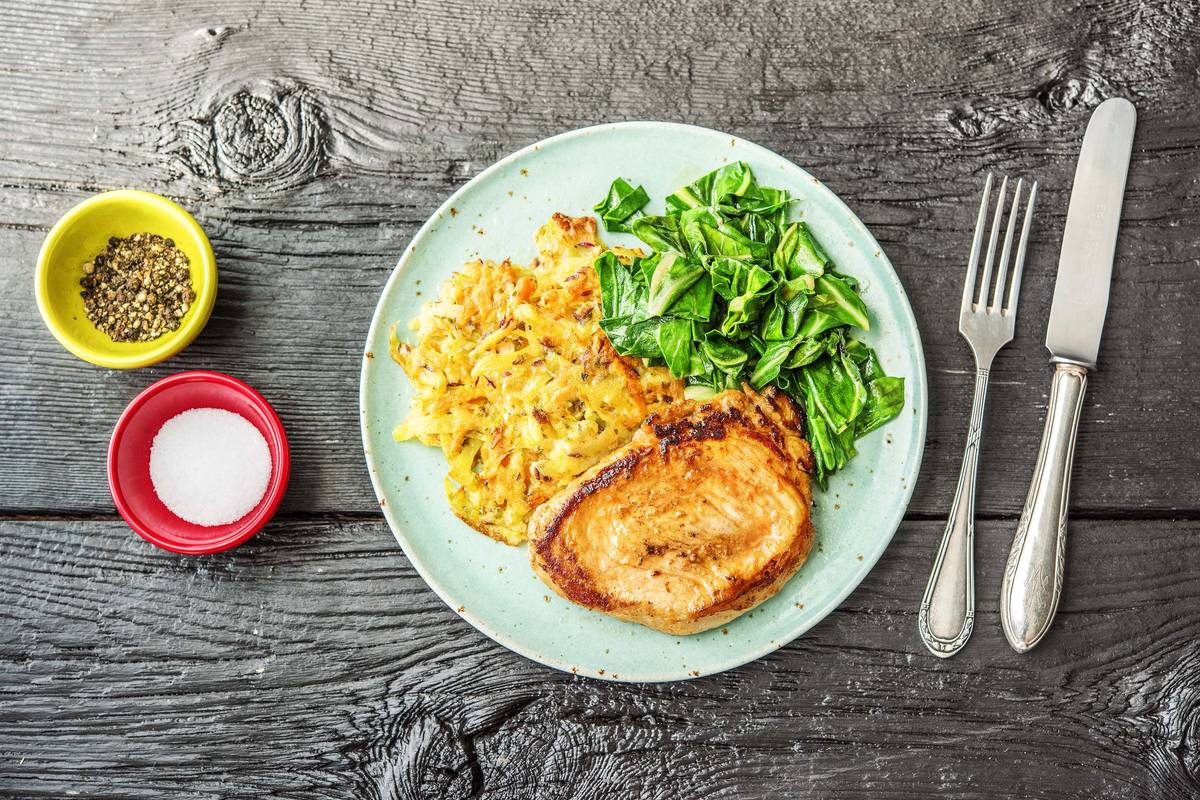 Paprika Spiced Pork with Veggie Rostis Recipe | HelloFresh