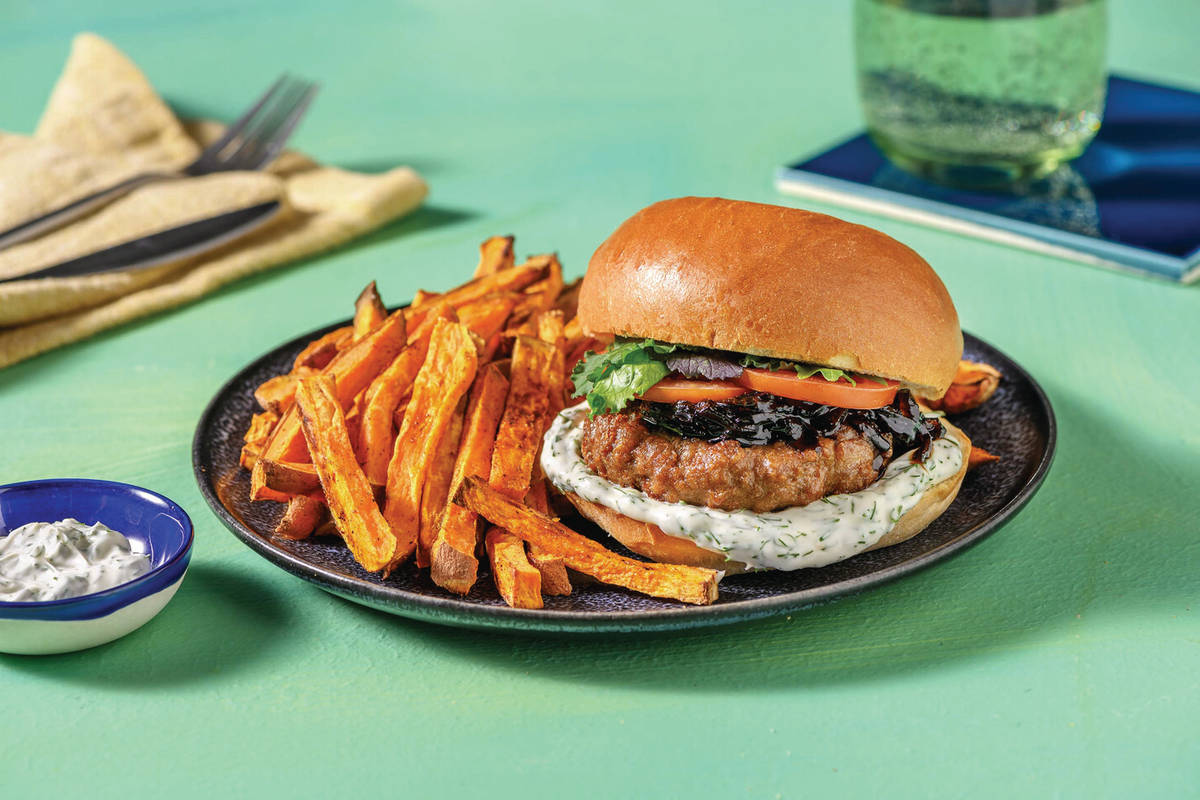 Plant-Based Burger & Spiced Sweet Potato Fries Recipe | HelloFresh