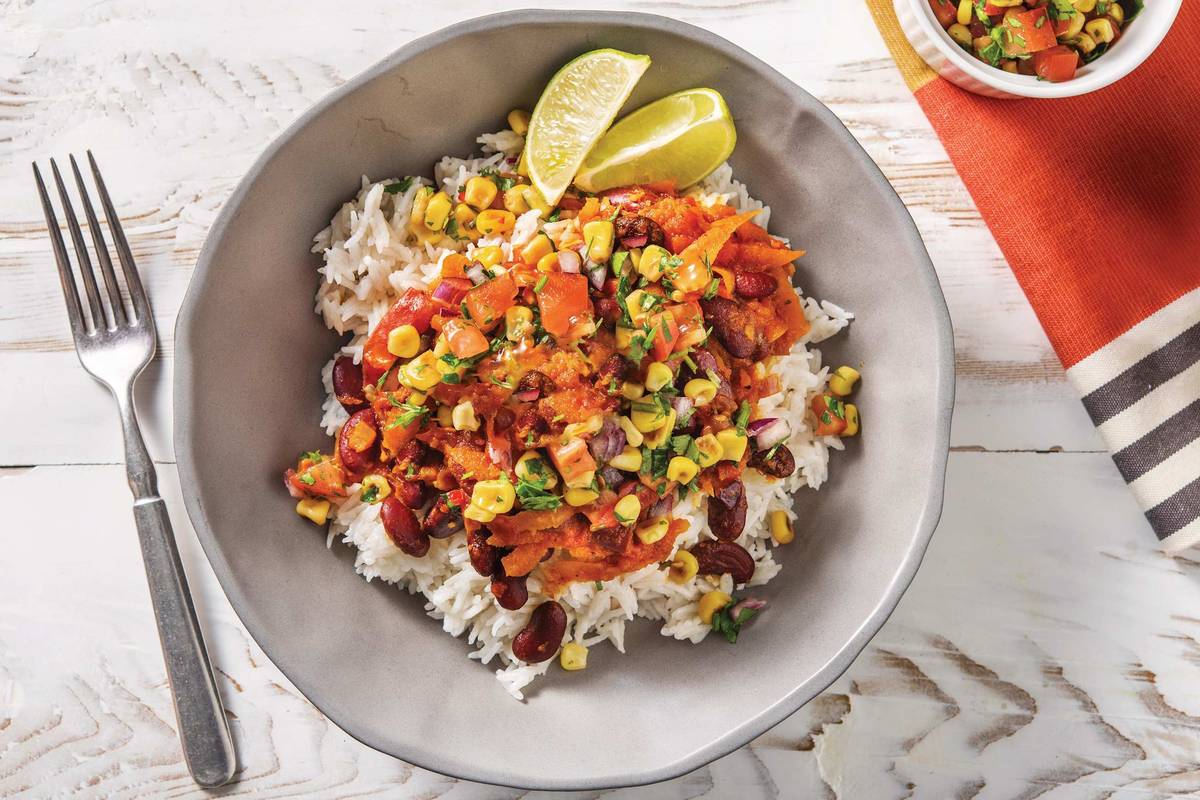 Smokey Bean Chilli with Corn Salsa and Coconut Rice Recipe | HelloFresh