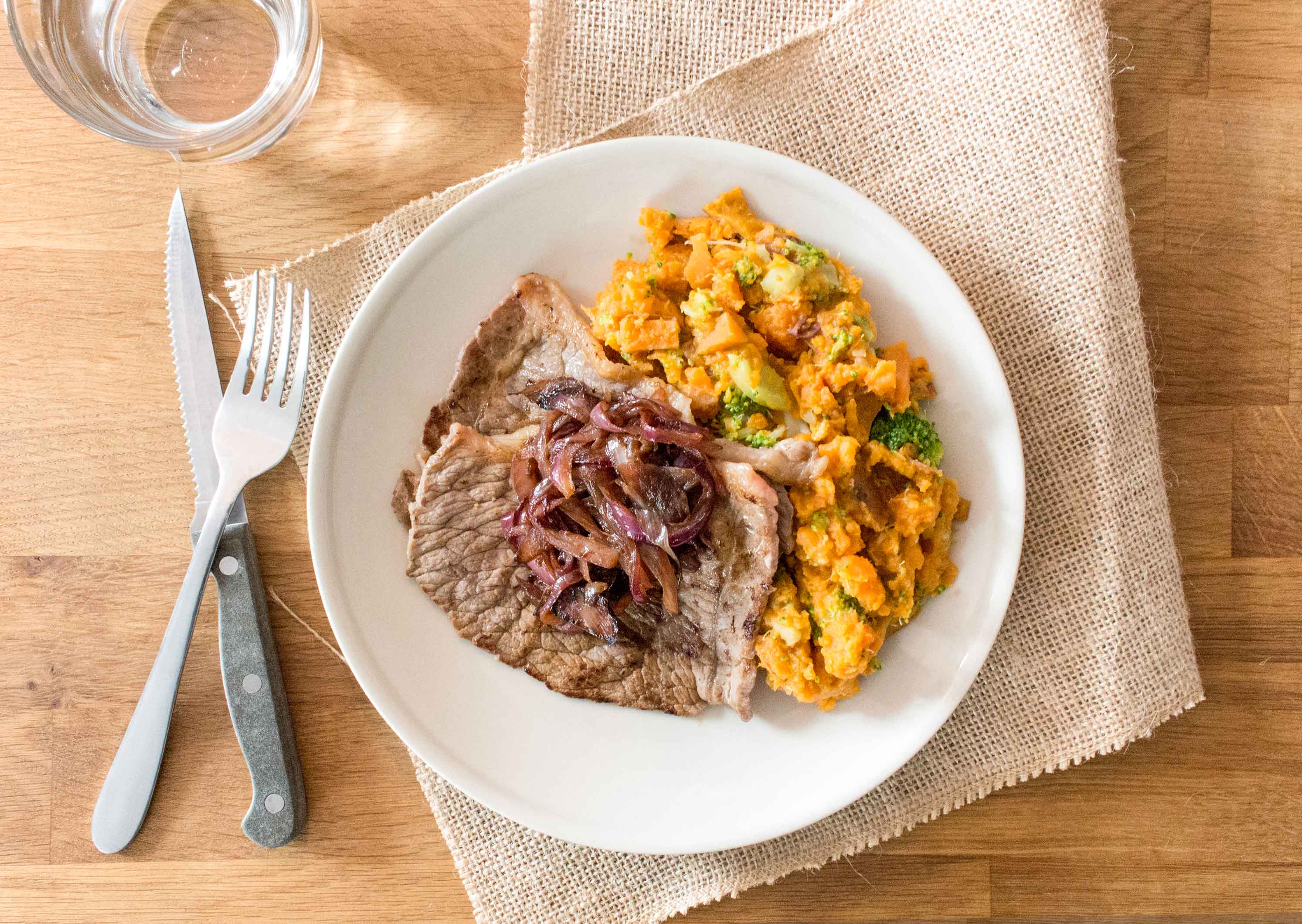 Family Steak with Caramelised Onion & Smashed Veg Recipe | HelloFresh