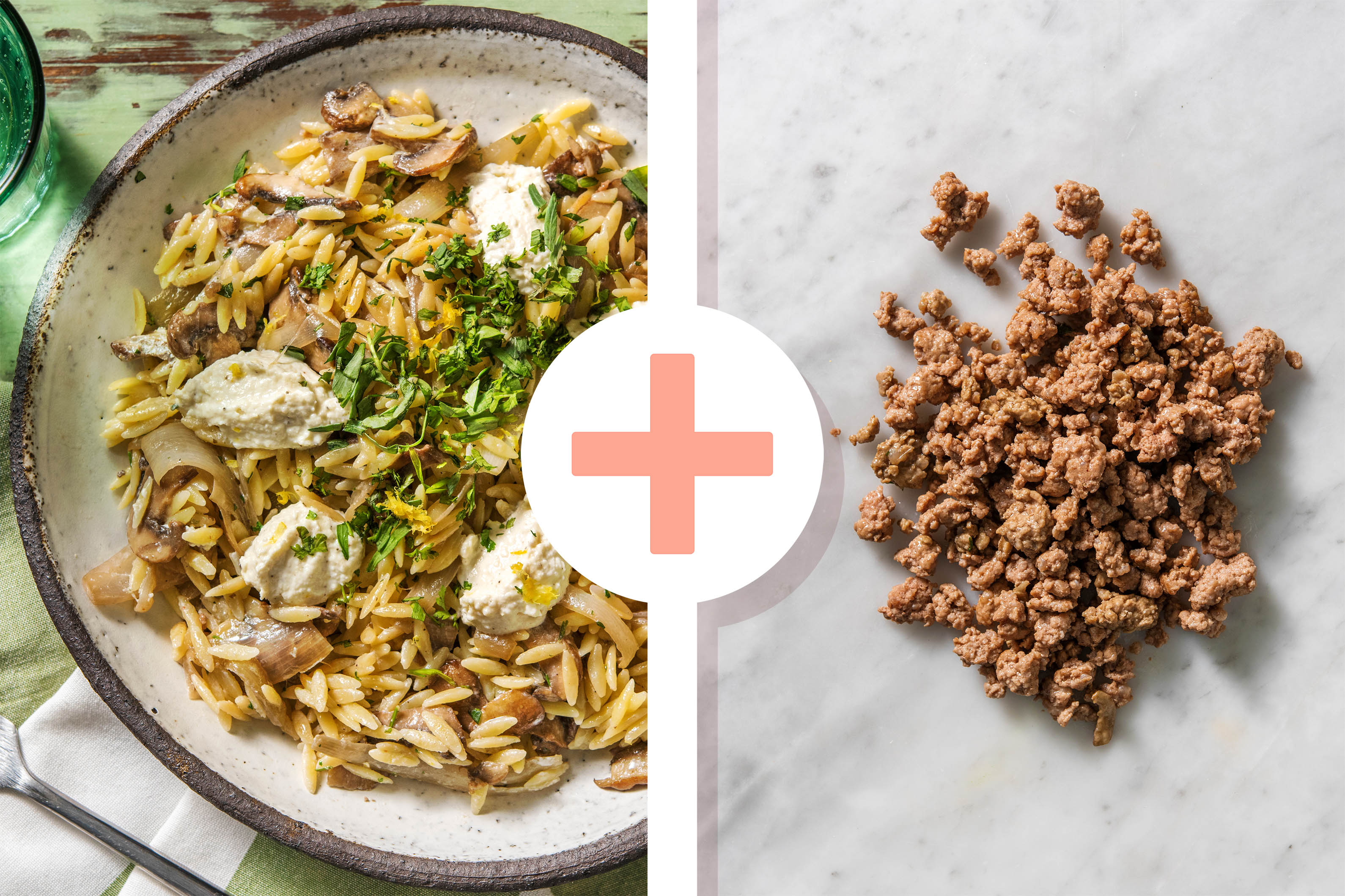 Veggie + protein - Orzo aux échalotes poêlées avec de la viande hachée ...