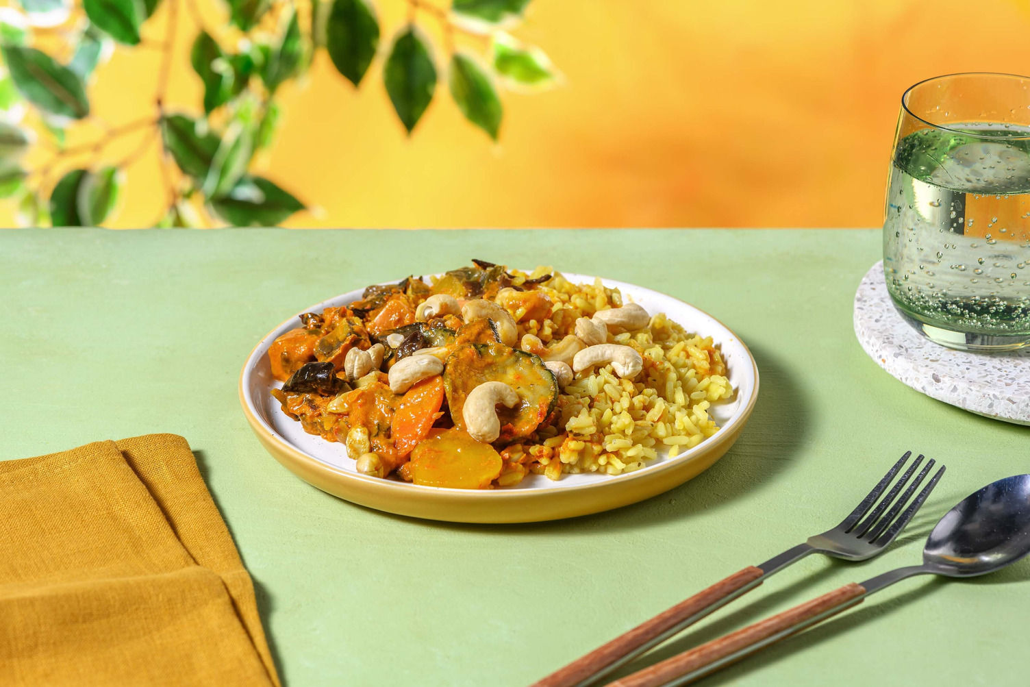 Mildes Gemüsecurry mit Gewürzreis und Cashewkernen Rezept | HelloFresh