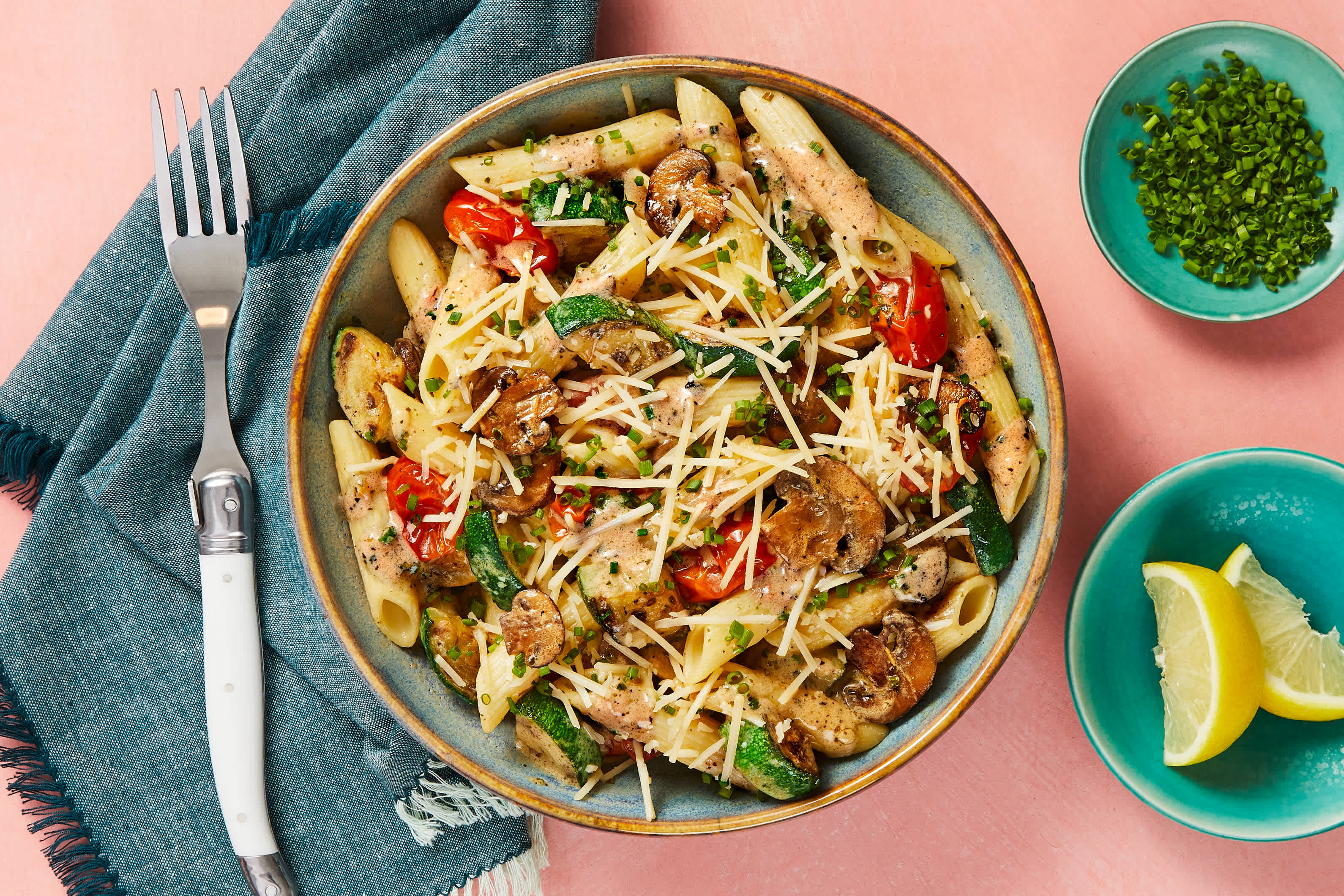 [ADD CHICKEN SAUSAGE TO VEGGIE] Button Mushroom Veggie Penne in Lemon ...