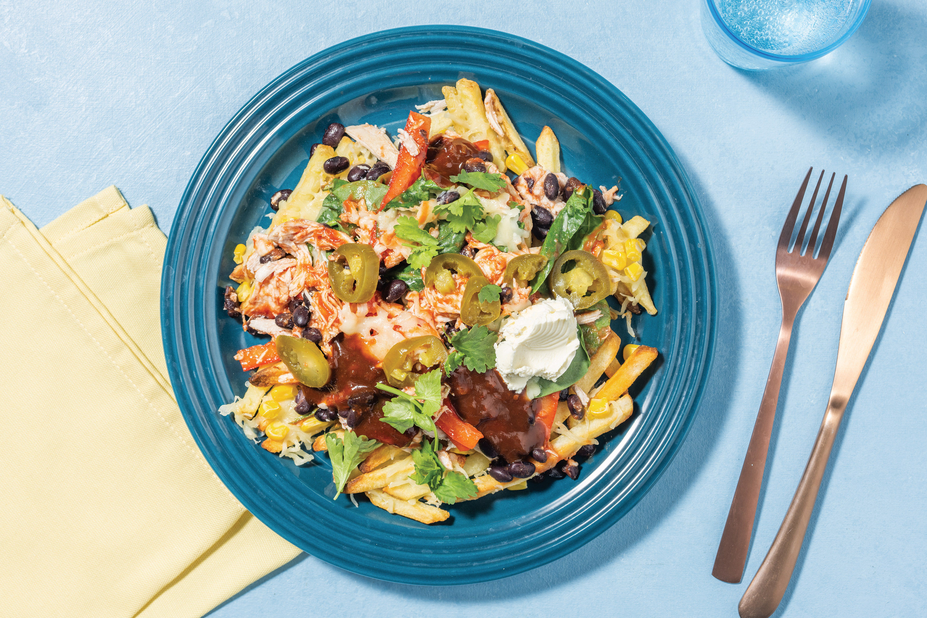 Tex-Mex Chicken & Black Bean Loaded Fries with Cheddar Cheese, Pickled ...