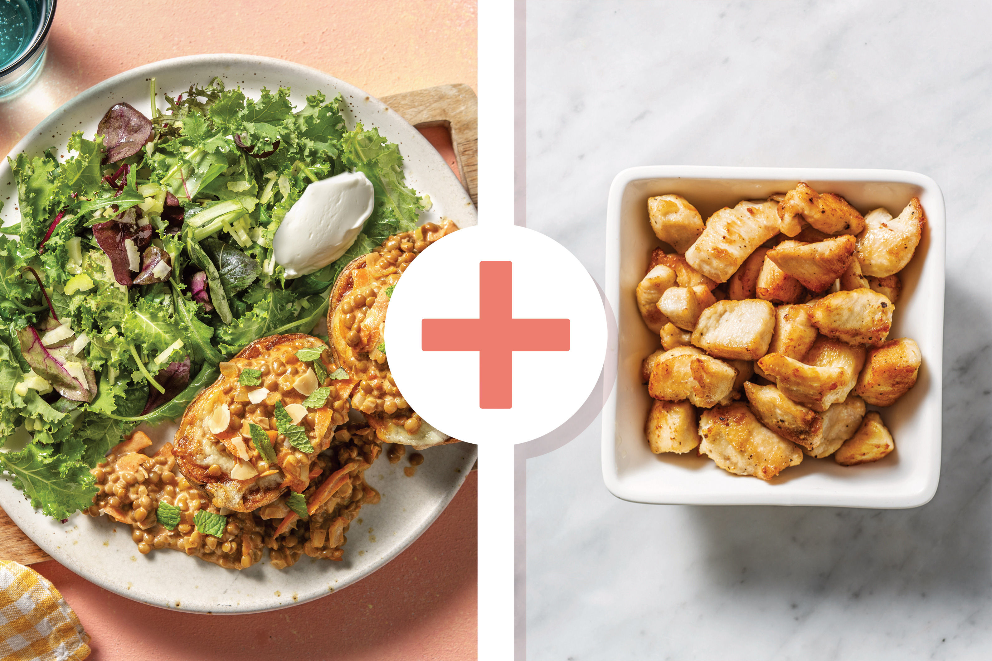 Baked Cheesy Chicken Jacket Potatoes & Lentil Dhal Recipe | HelloFresh