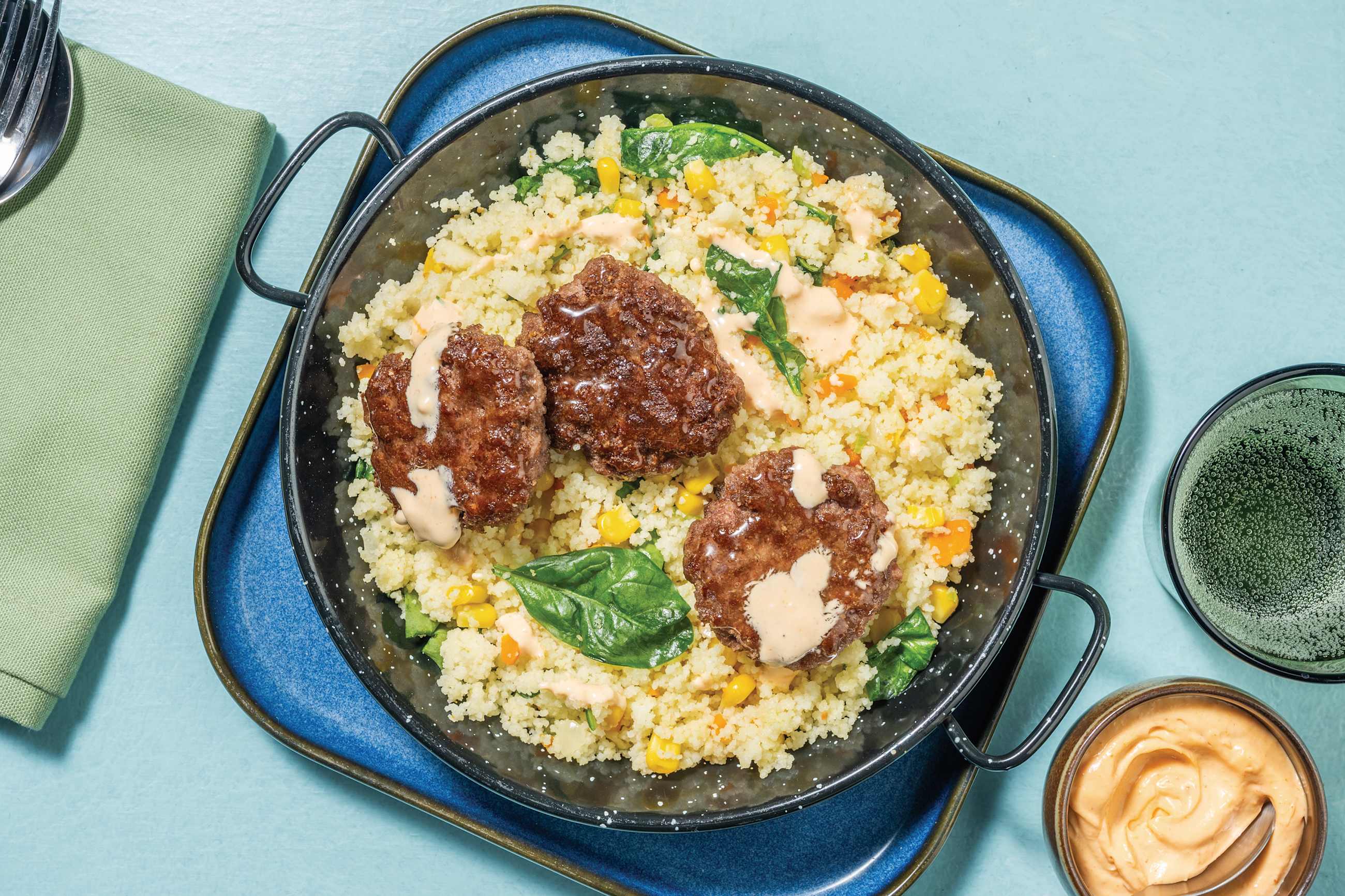 Glazed Pork Rissoles & Loaded Veggie Couscous Recipe | HelloFresh