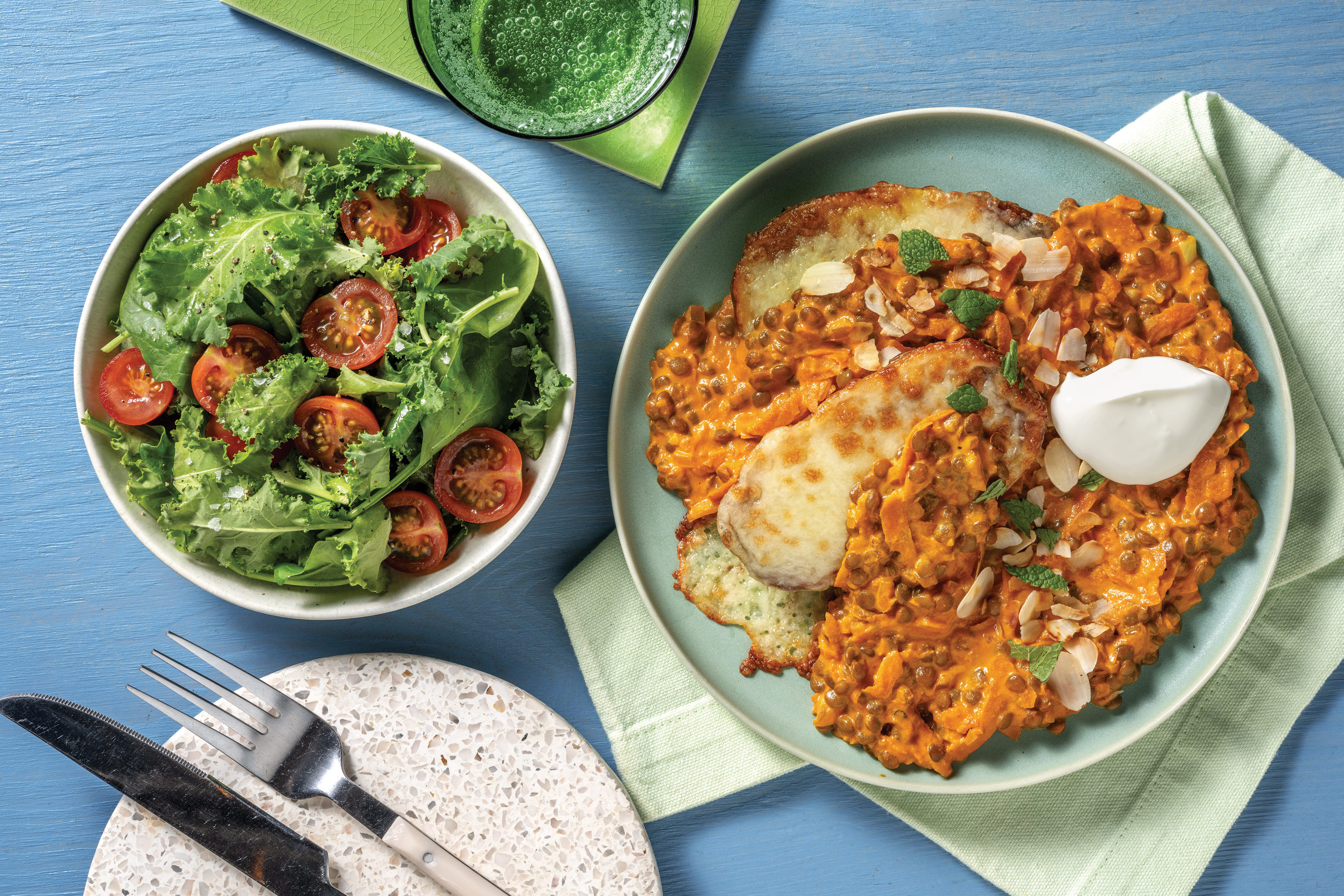 Chicken-Lentil Loaded Spuds & Tomato-Kale Salad Recipe | HelloFresh