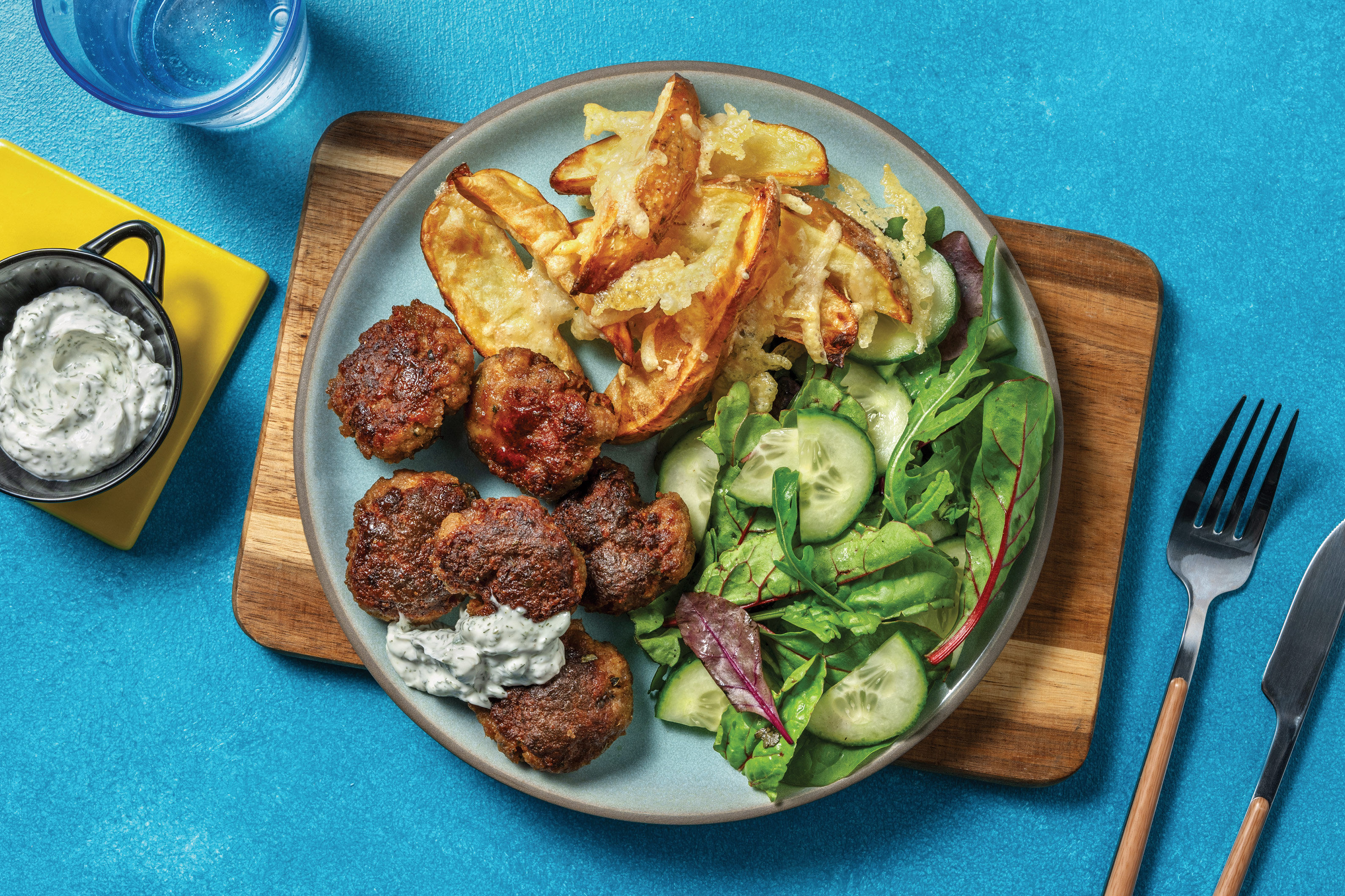 Mediterranean Beef Rissoles & Cheesy Wedges Recipe | HelloFresh