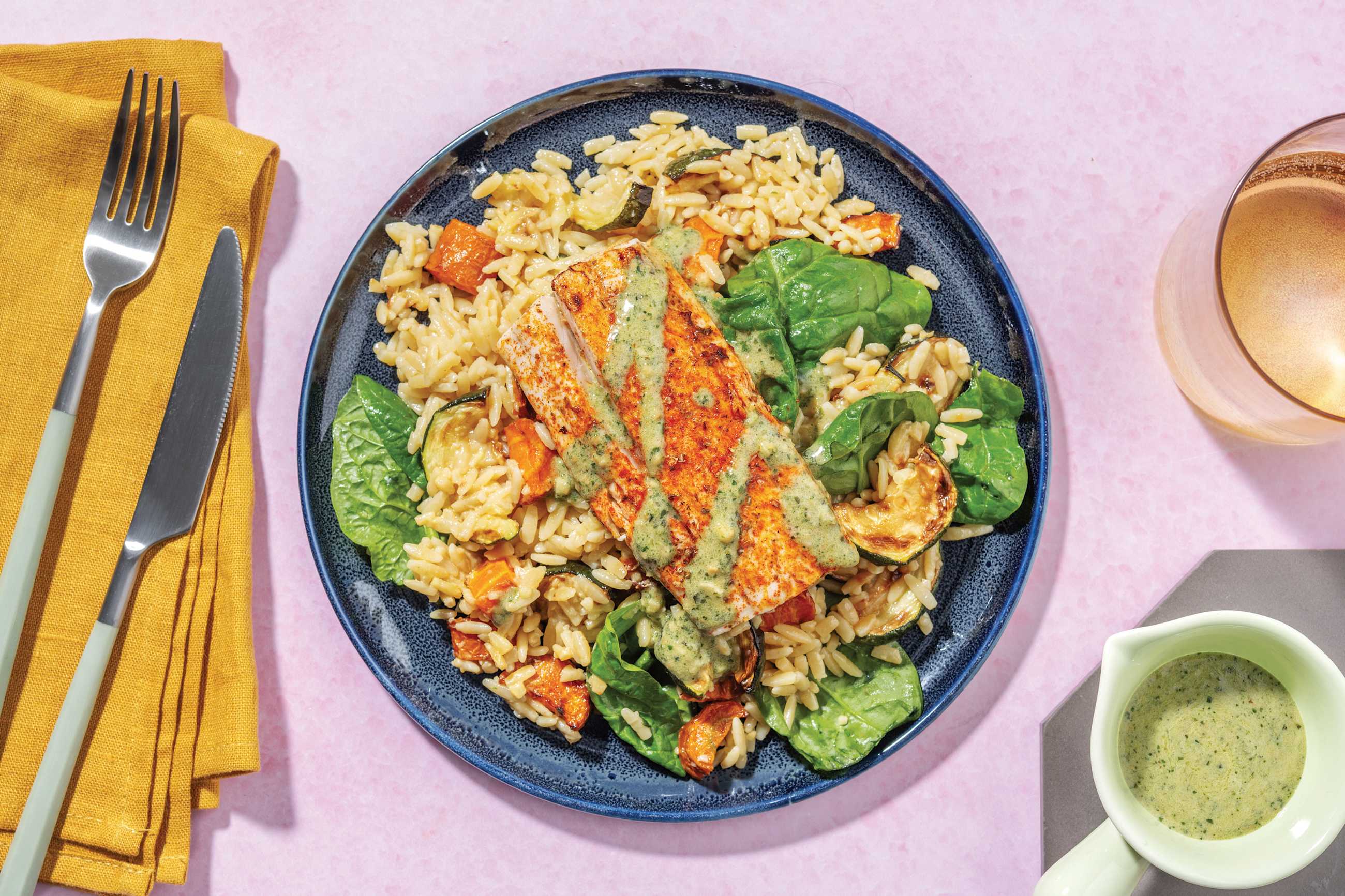 Greek-Style Barramundi & Veggie Risoni Recipe | HelloFresh