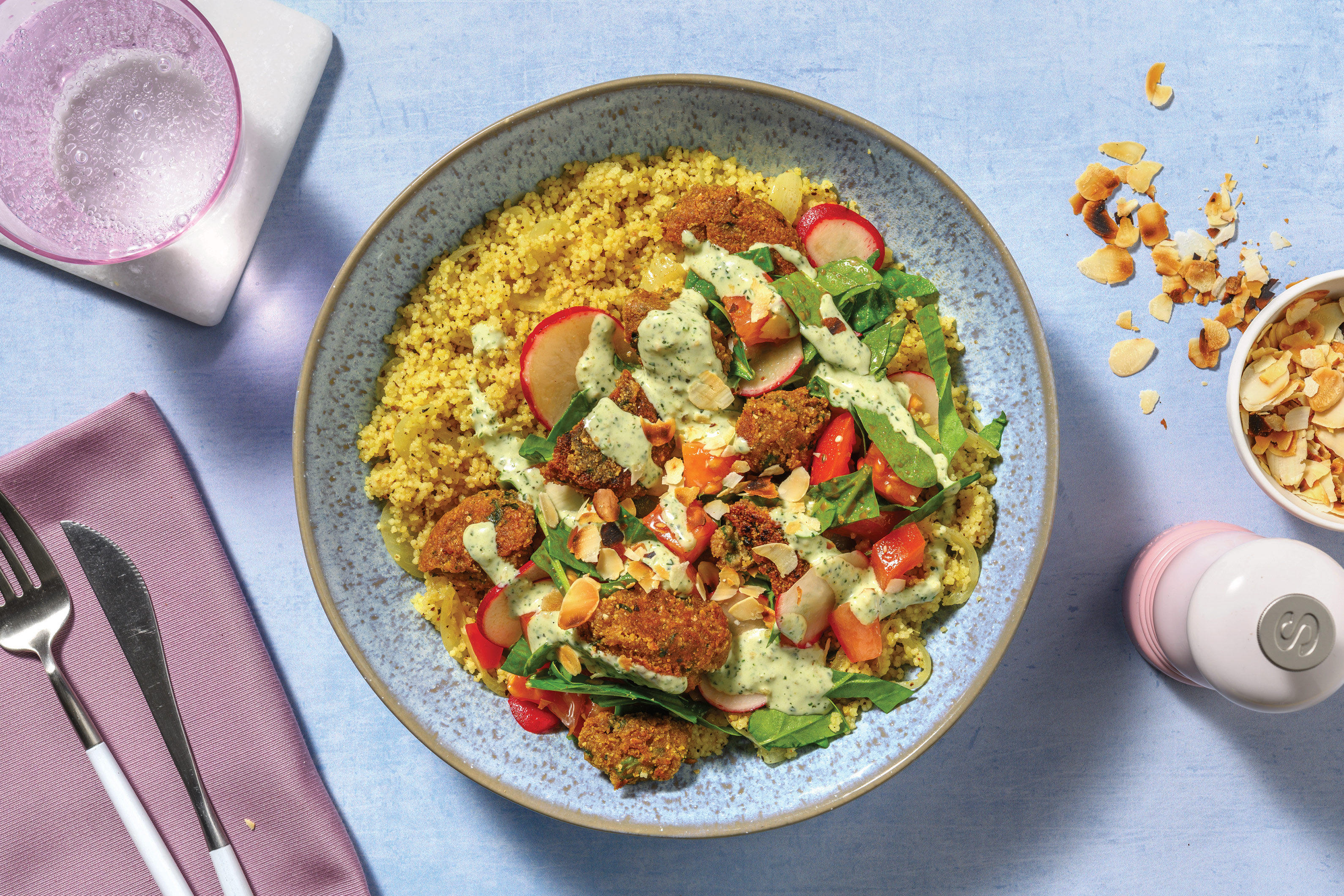 Mediterranean Chicken, Falafel & Spinach-Tomato Medley Recipe | HelloFresh