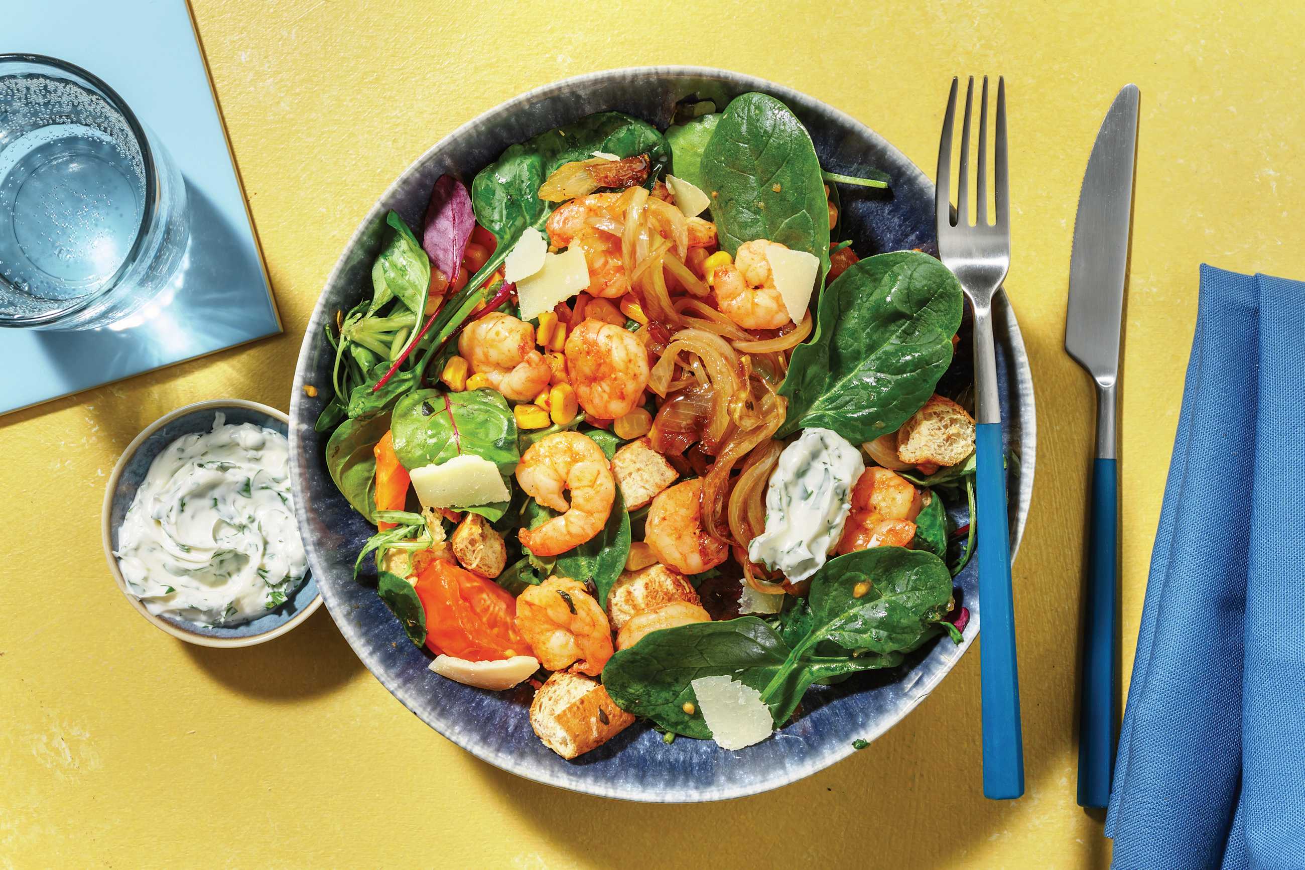 Aussie-Spiced Double Prawns & Cheesy Crouton Salad Recipe | HelloFresh