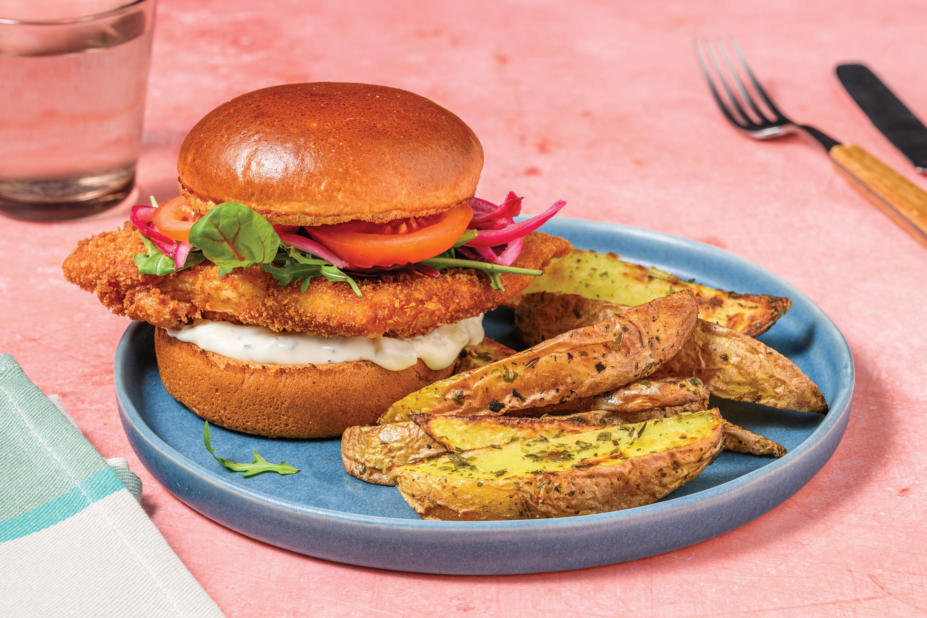 Crumbed Basa Burger & Garlicky Wedges Recipe | HelloFresh