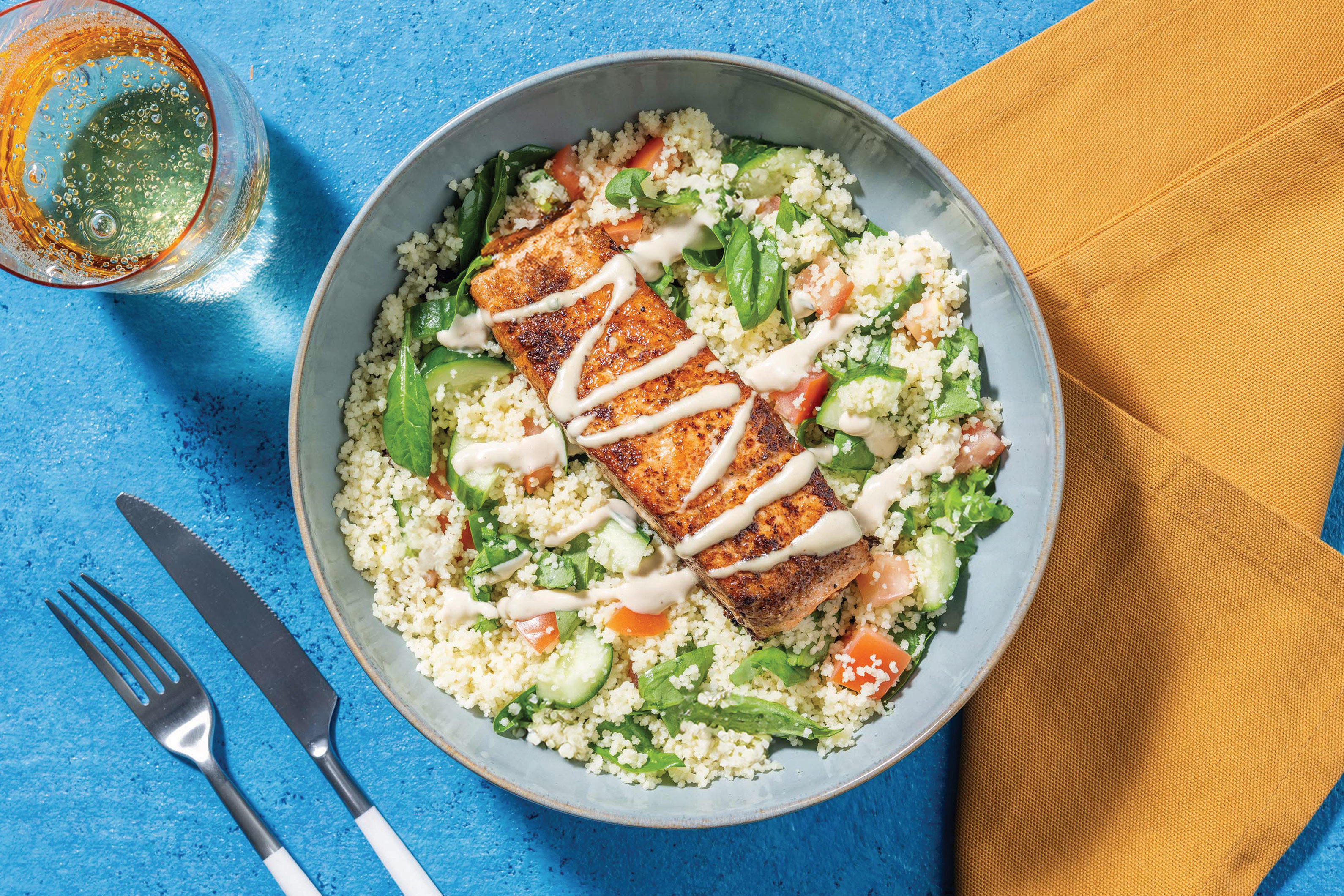 Moroccan Seared Salmon & Hummus Dressing Recipe | HelloFresh