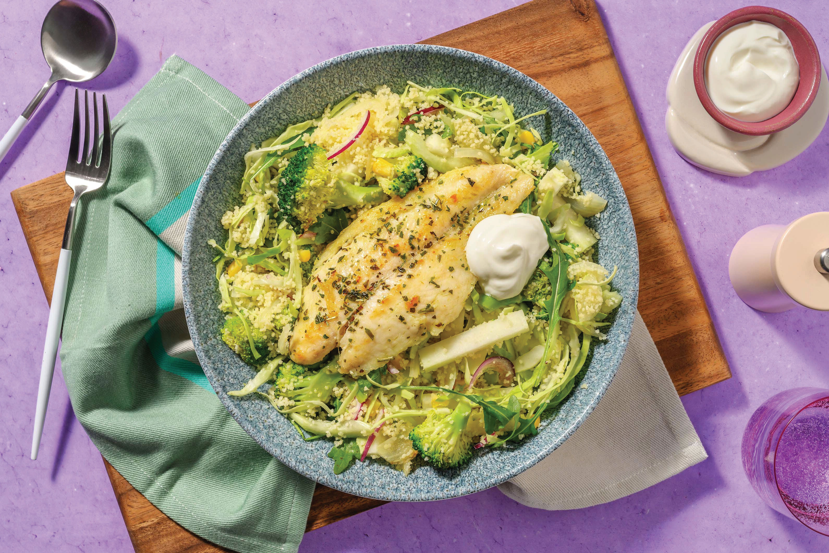 Double Garlic-Herb Fish & Veggie Freekeh Salad Recipe | HelloFresh