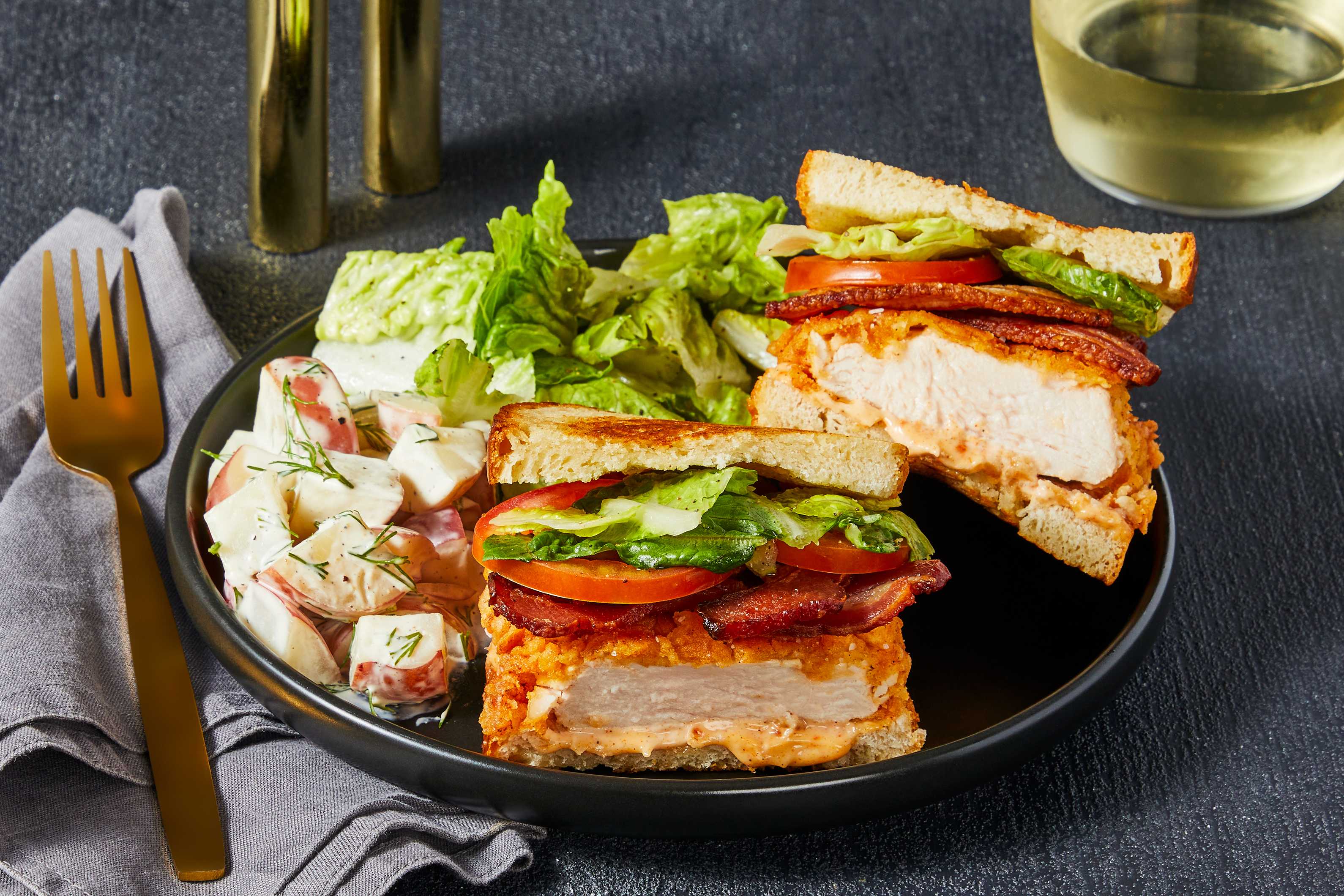 [PROTEIN DOUBLE BACON] Fried Chicken BLTs with Dilly Red Potato Salad ...
