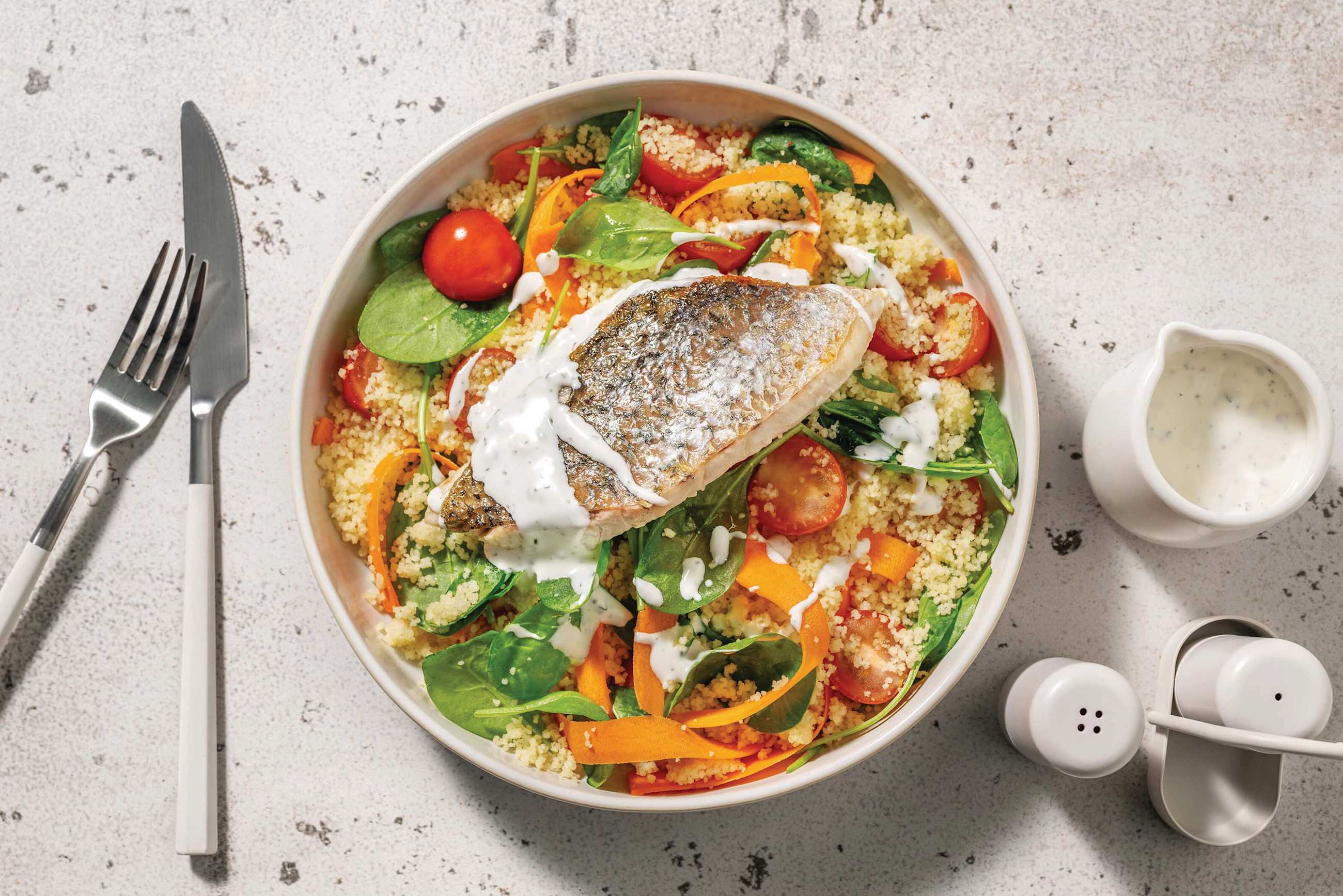 Barramundi & Zesty Veggie Wholemeal Couscous Recipe | HelloFresh