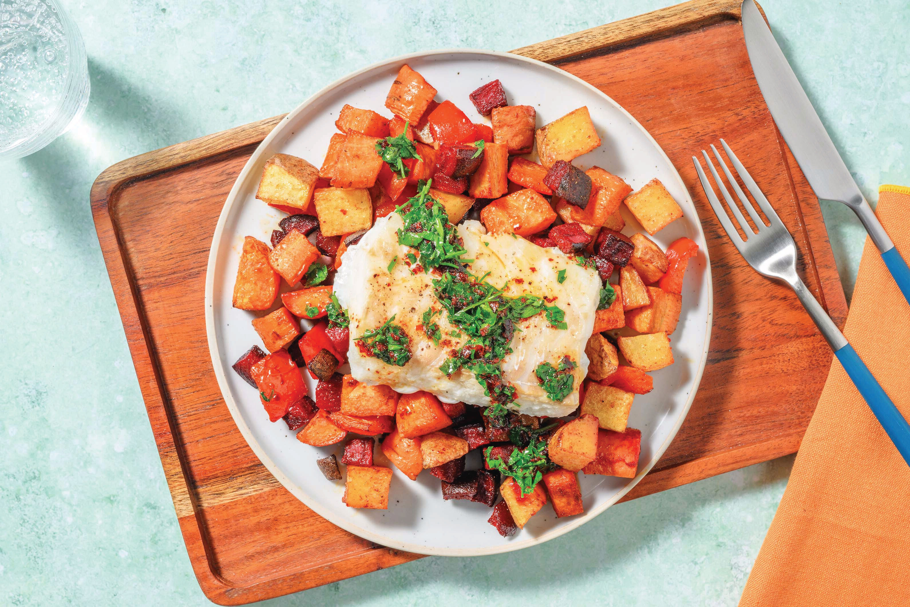 HelloHero: Cheesy White Fish & Spiced Veggie Traybake Recipe | HelloFresh
