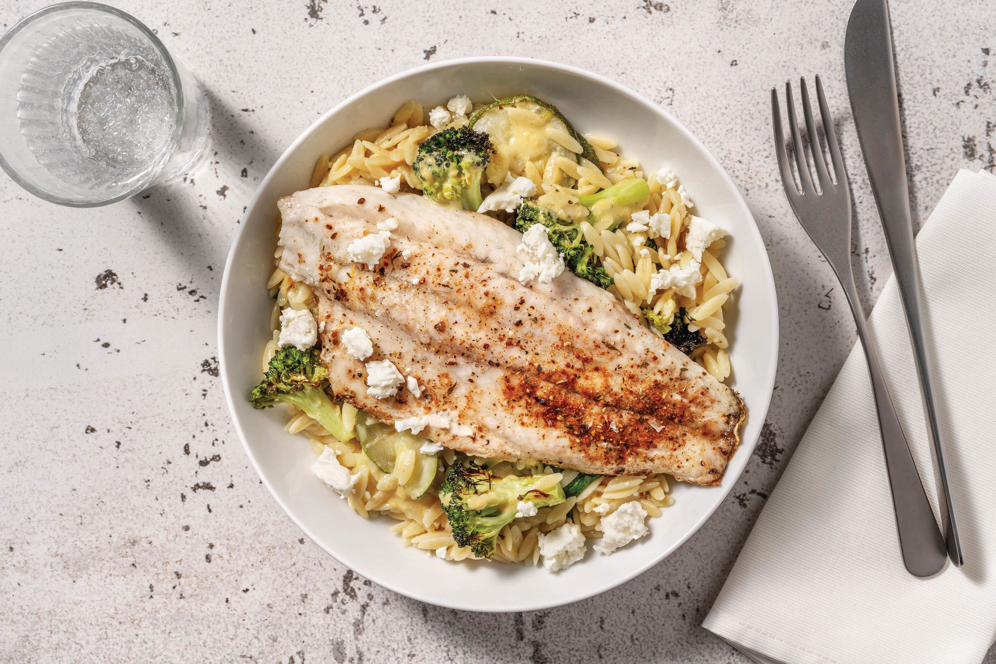 Greek-Style Barramundi & Veggie Risoni Recipe | HelloFresh