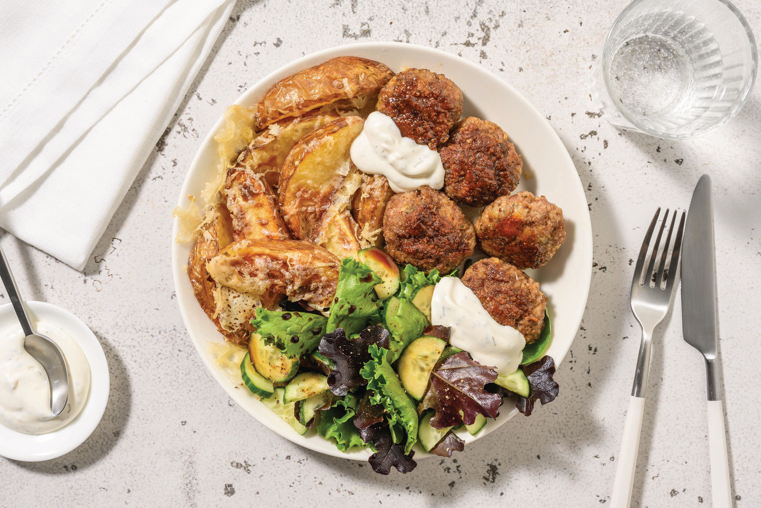 Garlicky Lamb Rissoles & Extra Cheesy Wedges Recipe | HelloFresh