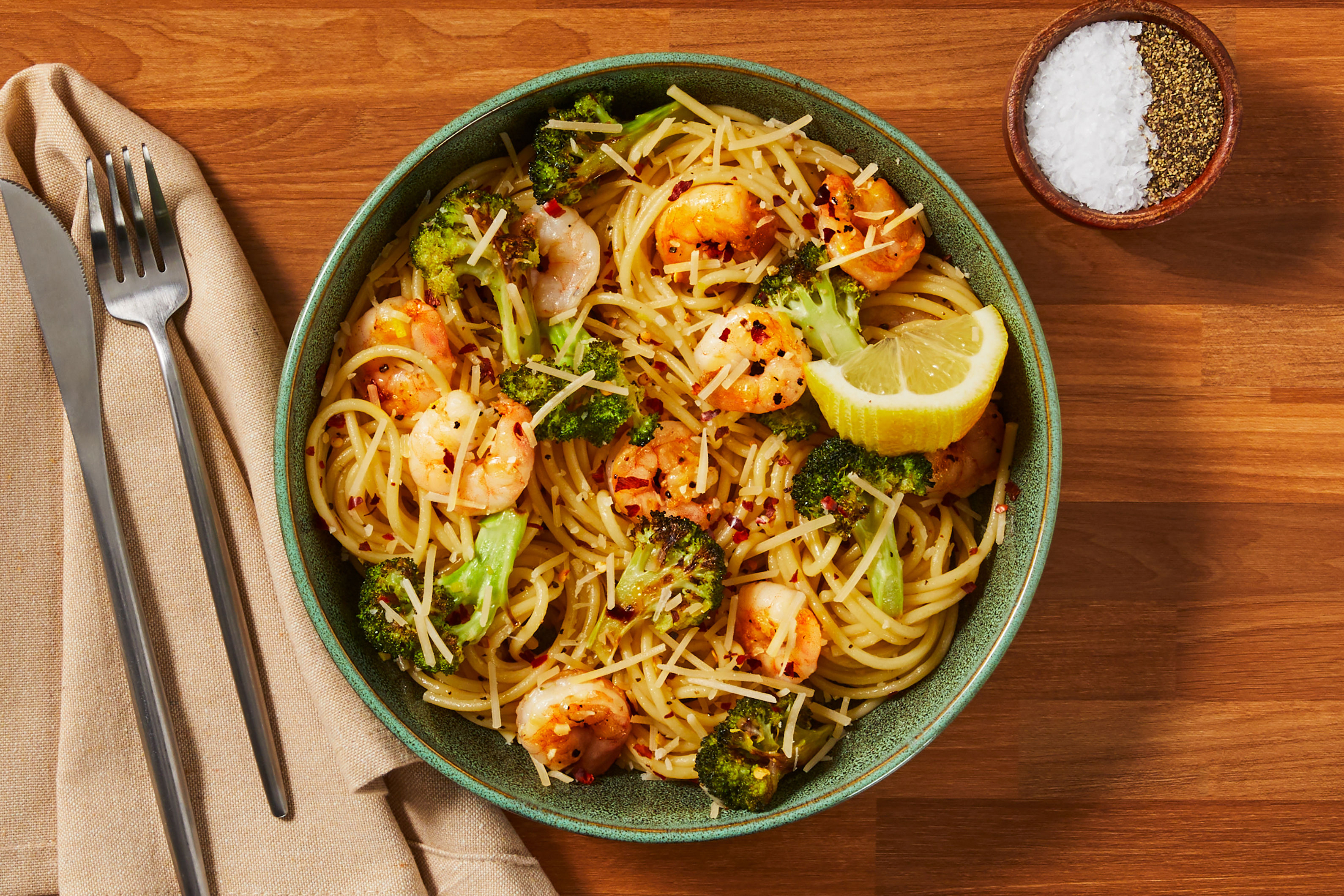 [SIDE VEG DOUBLE BROCCOLI] Shrimp Scampi Spaghetti with Roasted ...