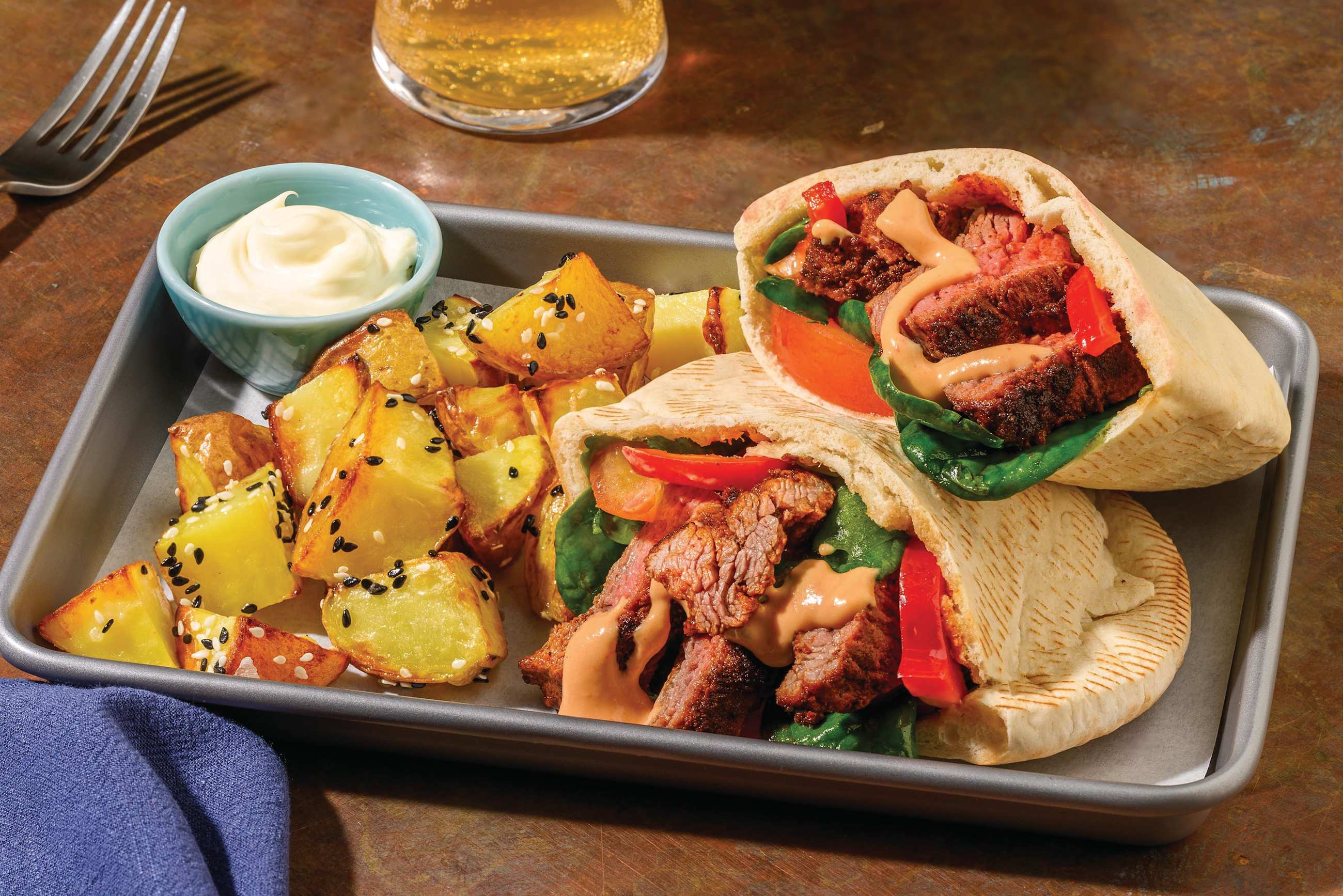 Spiced Beef Steak & Harissa Hummus Pita Recipe | HelloFresh