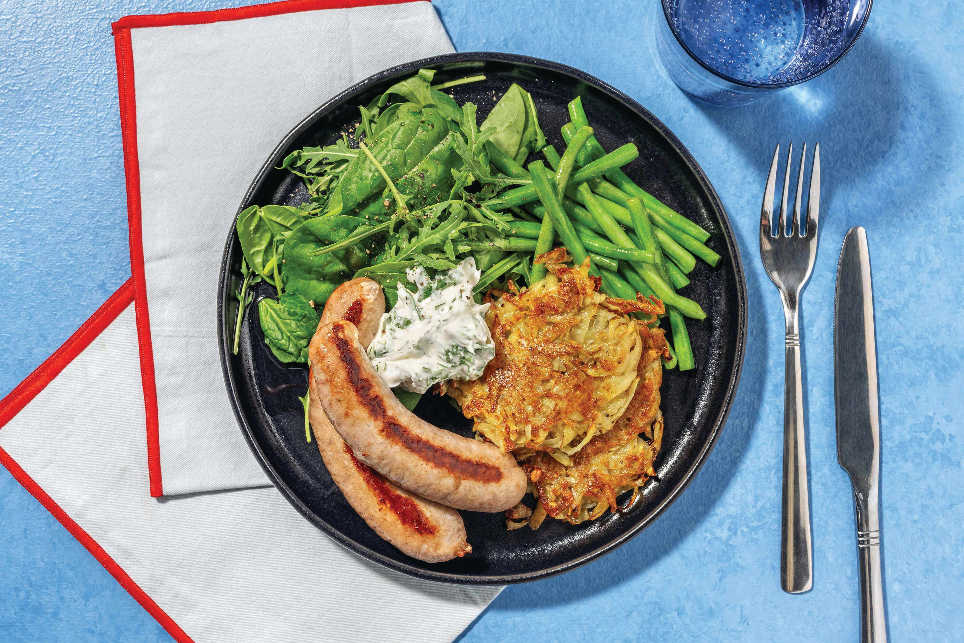 Double Pork Sausages & Homemade Potato Rosti Recipe | HelloFresh
