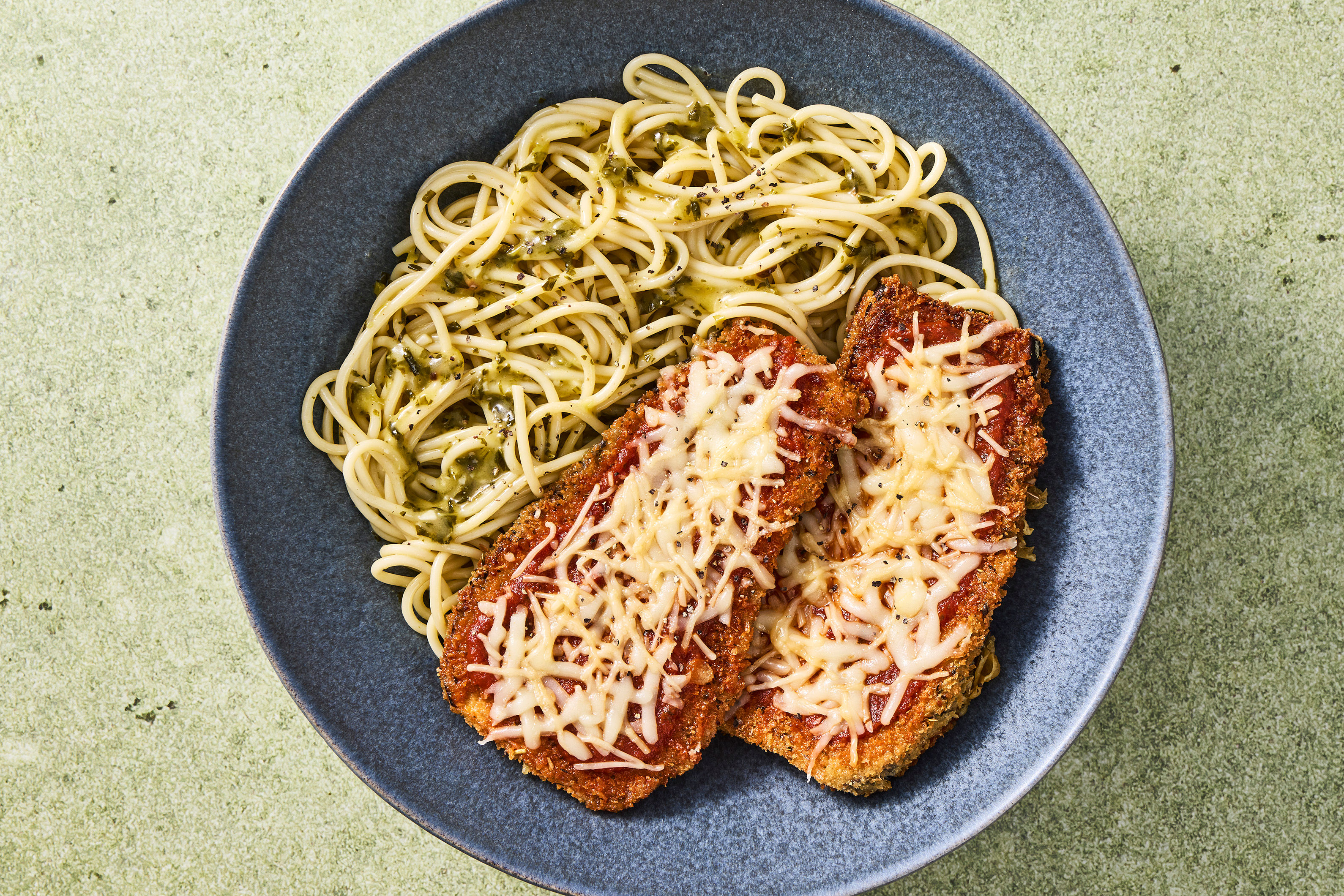 Eggplant Parmesan over Pesto Spaghetti Recipe | HelloFresh
