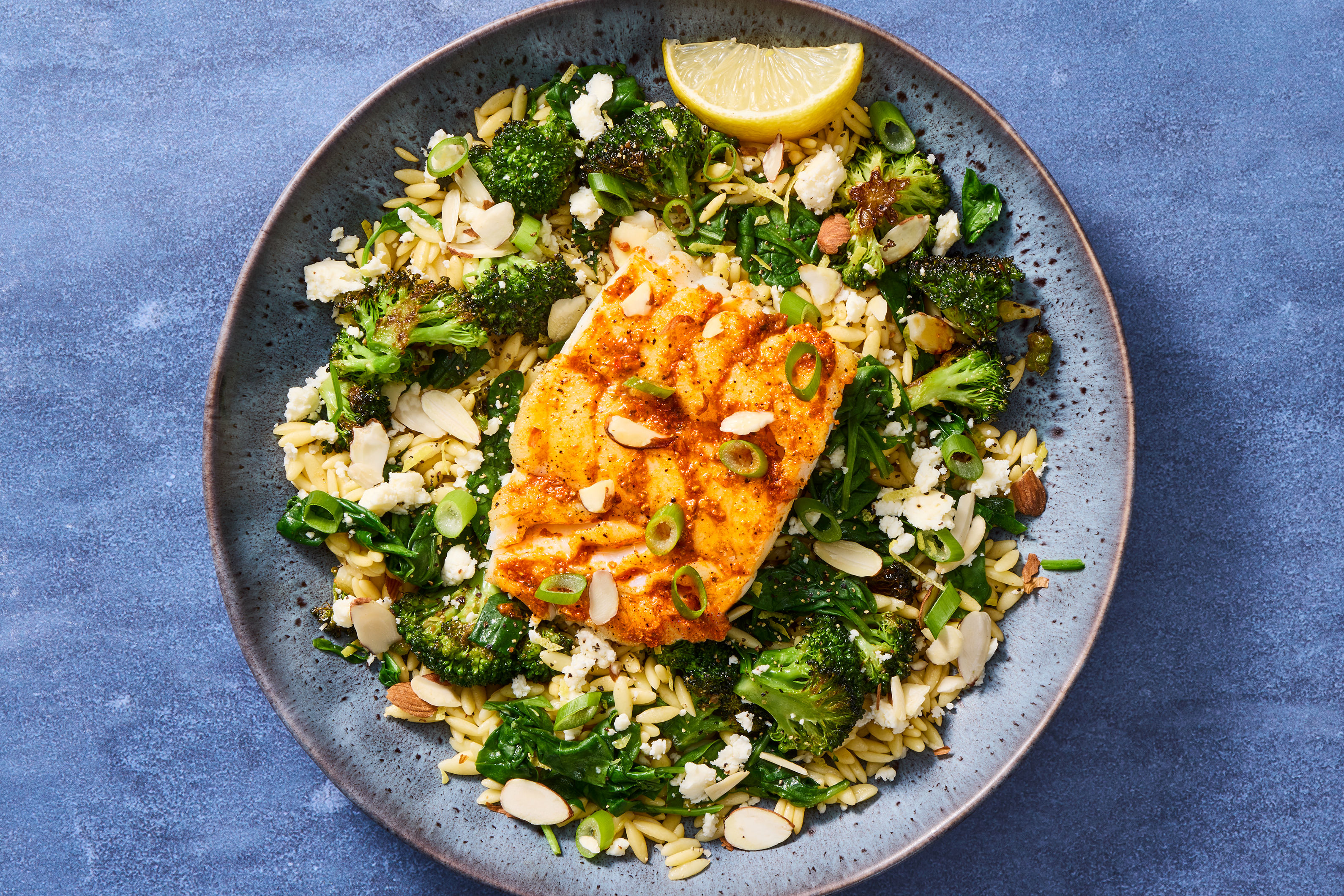 Romesco Cod with Broccoli, Spinach & Feta Orzo Recipe | HelloFresh