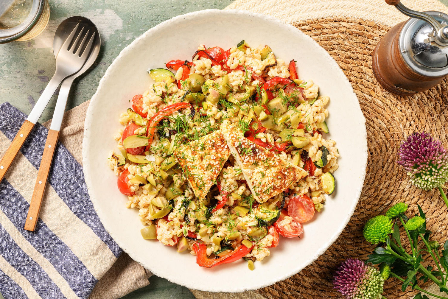 Baked honey sesame feta with pearl couscous Recette | HelloFresh