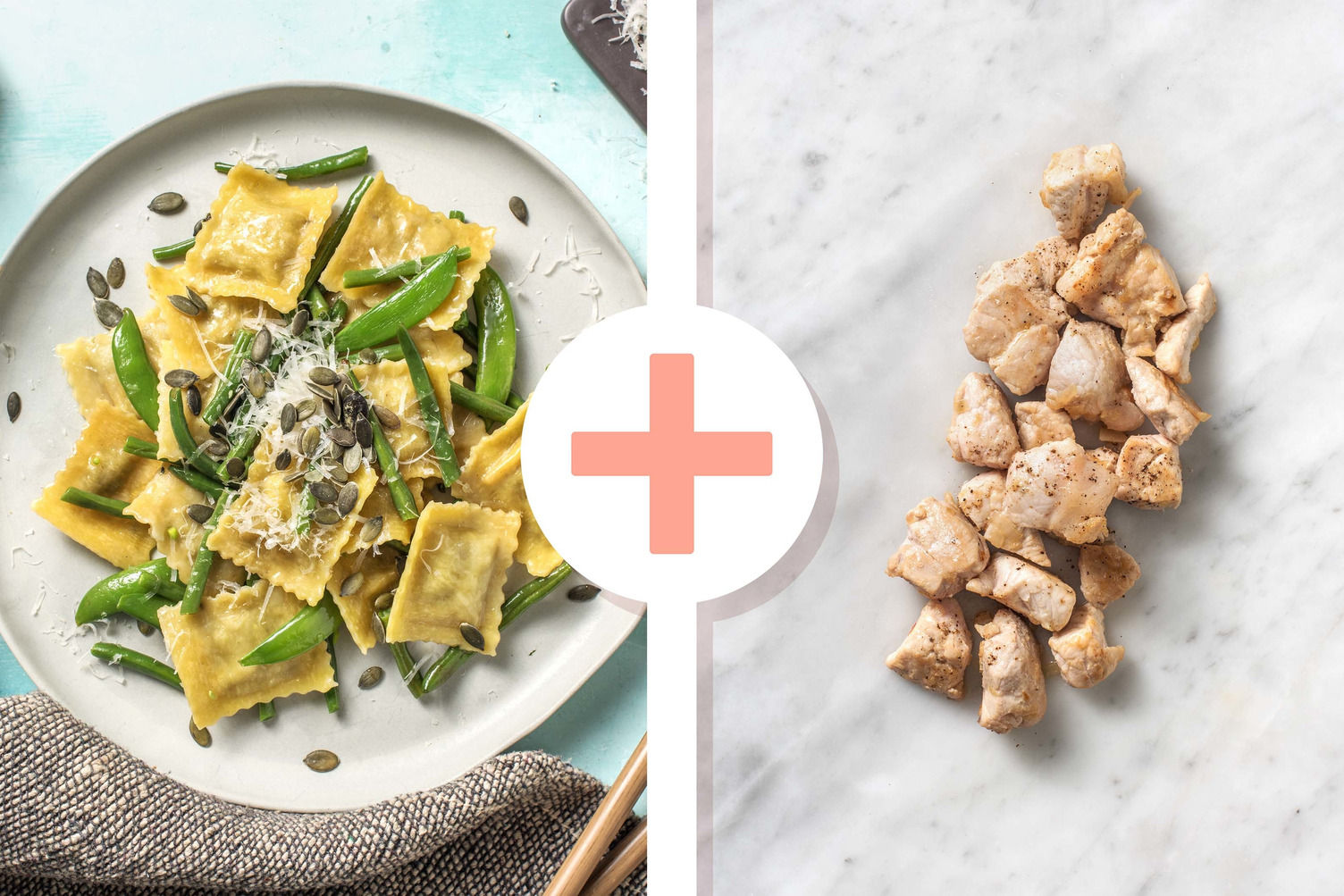 Veggie + protein - Ravioli met varkenshaaspuntjes als extra Recept ...