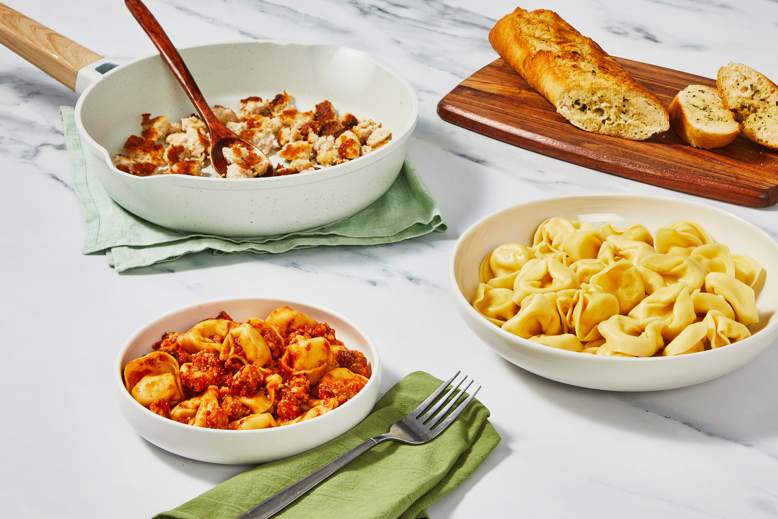 Super-Quick Tortelloni with Turkey Bolognese & Garlic Bread Recipe ...