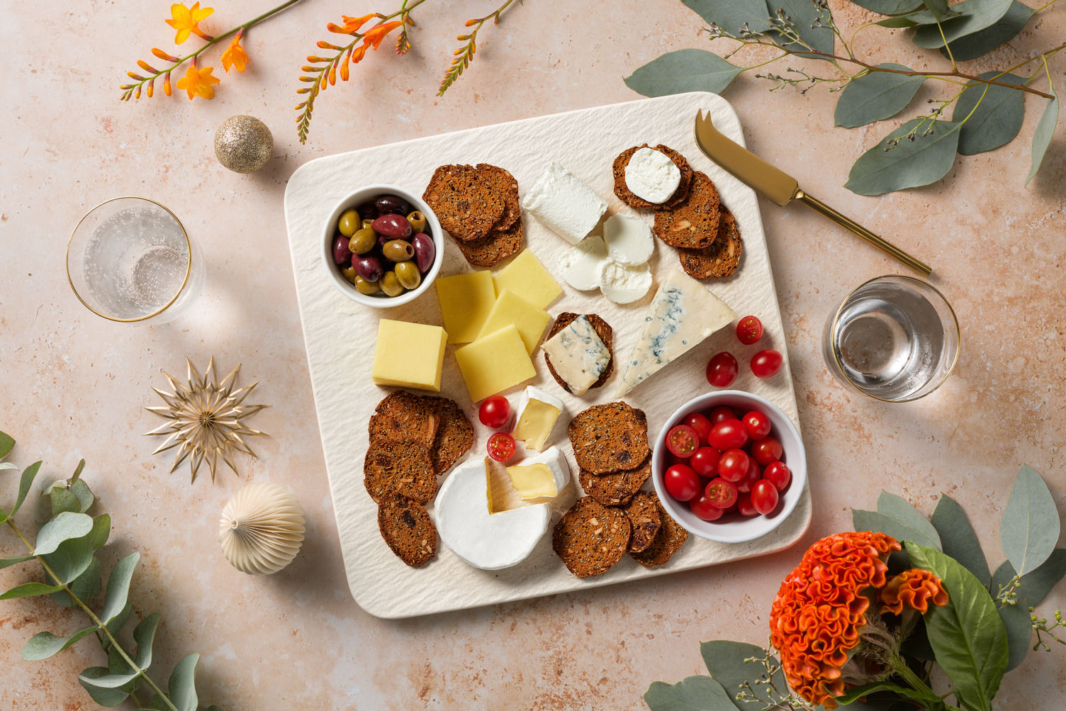 Festive Platter: Creamy Blue, Brie, Goat Cheese & Cheddar with Crackers ...